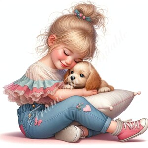 10 Cute Girl With Puppy Clipart, Whimsical Girl With Dog JPG Images ...