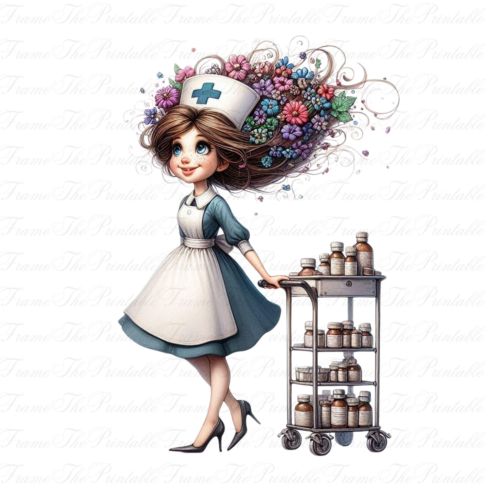 Vintage Quirky Nurse Clipart, Happy Floral Nurse, Funny Health Fantasy ...
