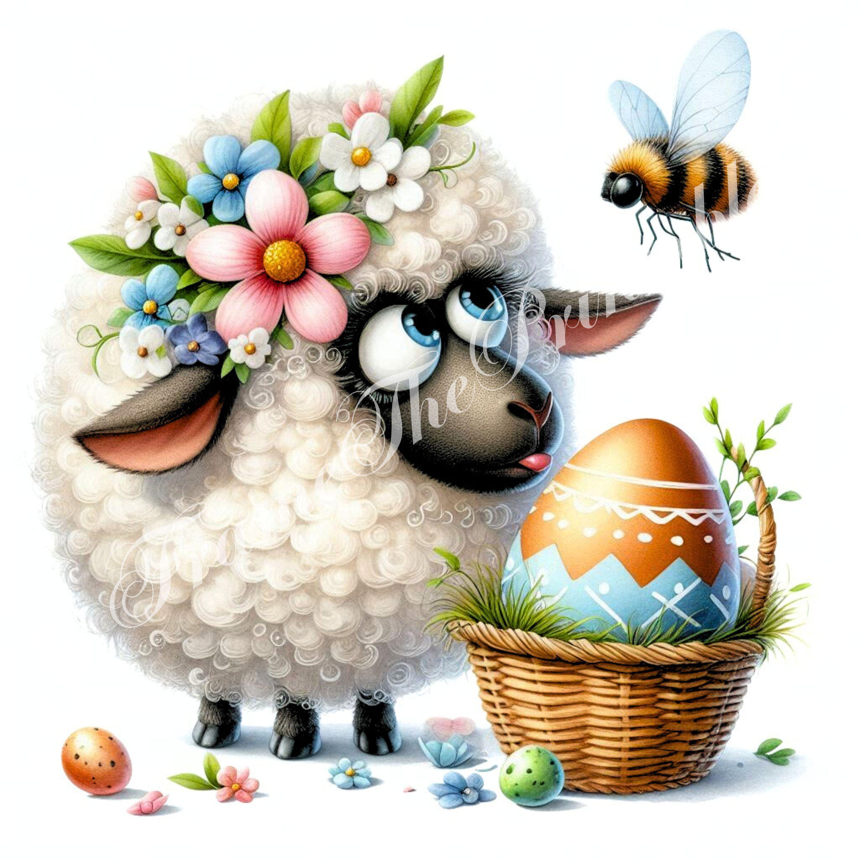 10 Funny Easter Sheep Clipart, Quirky Lamb and Kitten, Floral Chicken ...