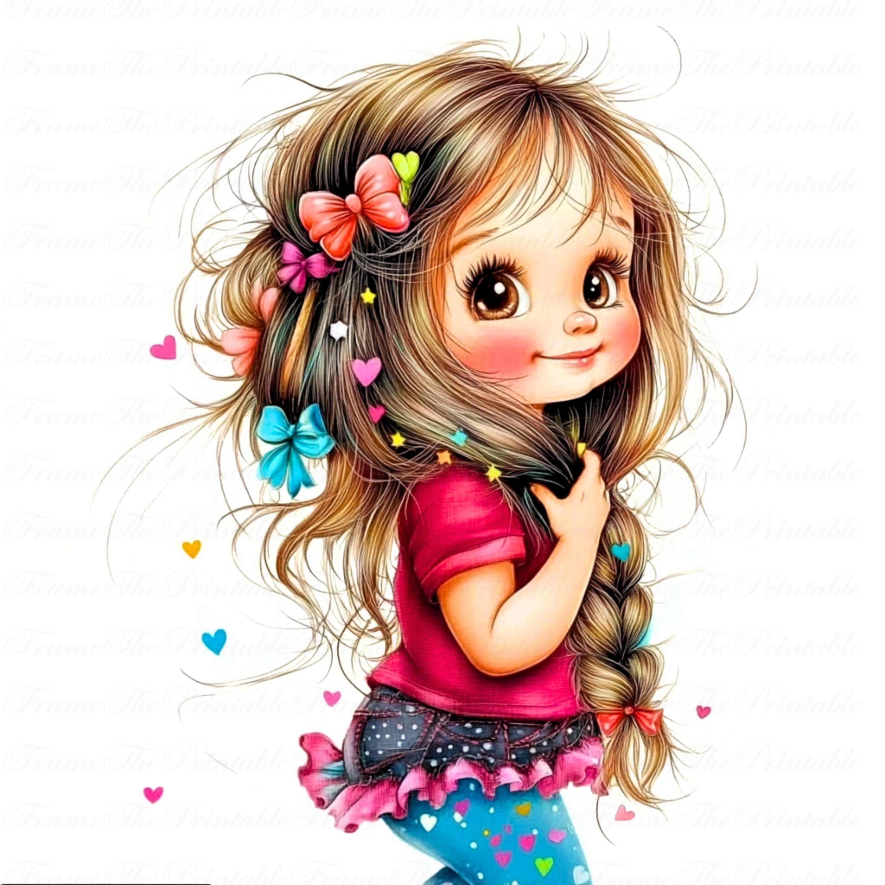 Adorable Little Girl Clip Art, Whimsical Girl With Braids, Instant ...