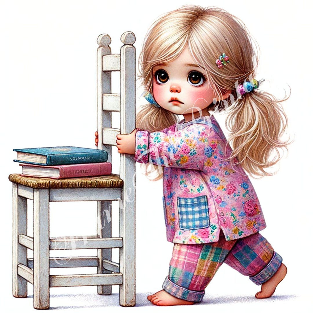 Quirky Girl With Chair and Book Clipart, Whimsical Watercolour ...