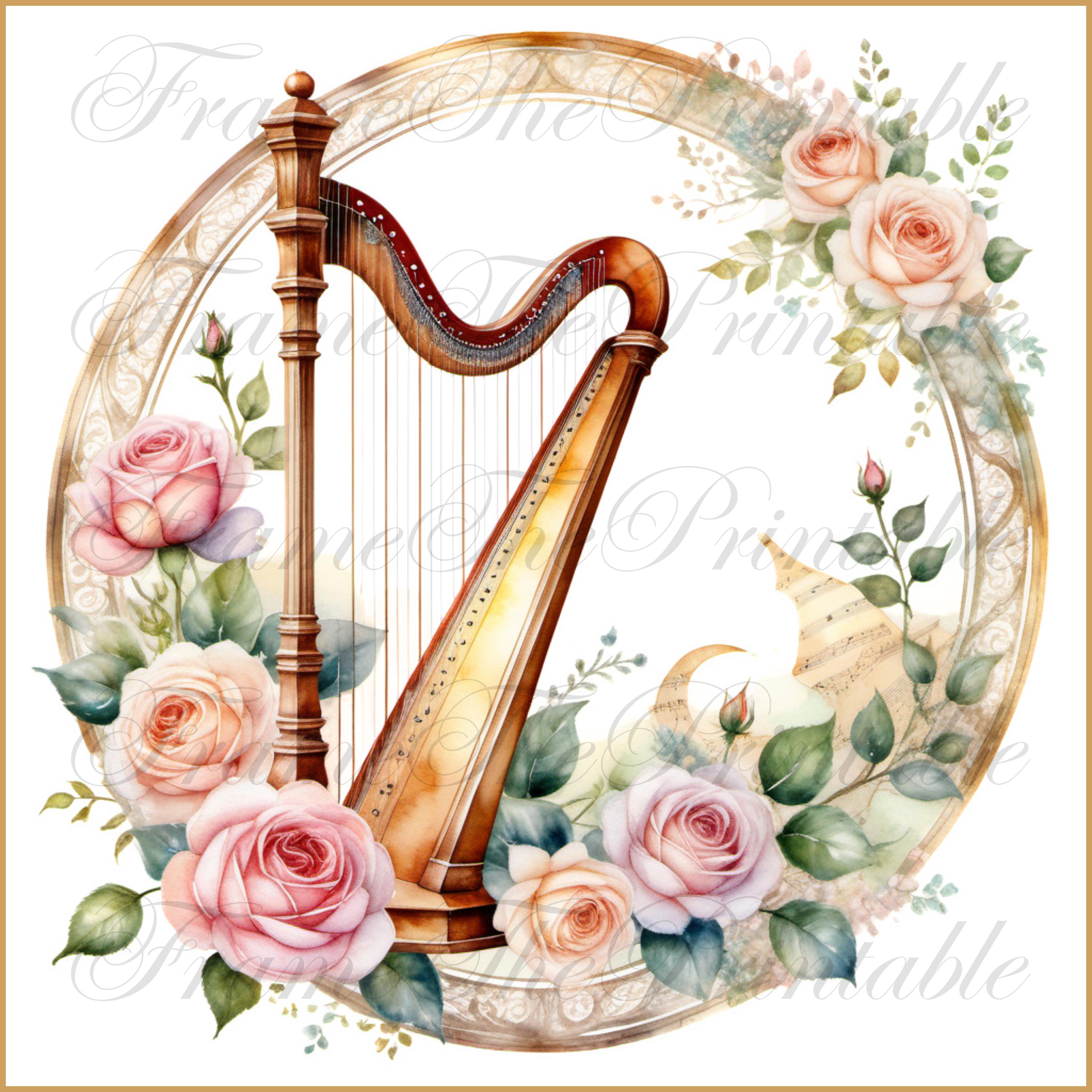 Vintage Floral Harp With Roses Clipart Printable Pictures Aesthetic ...