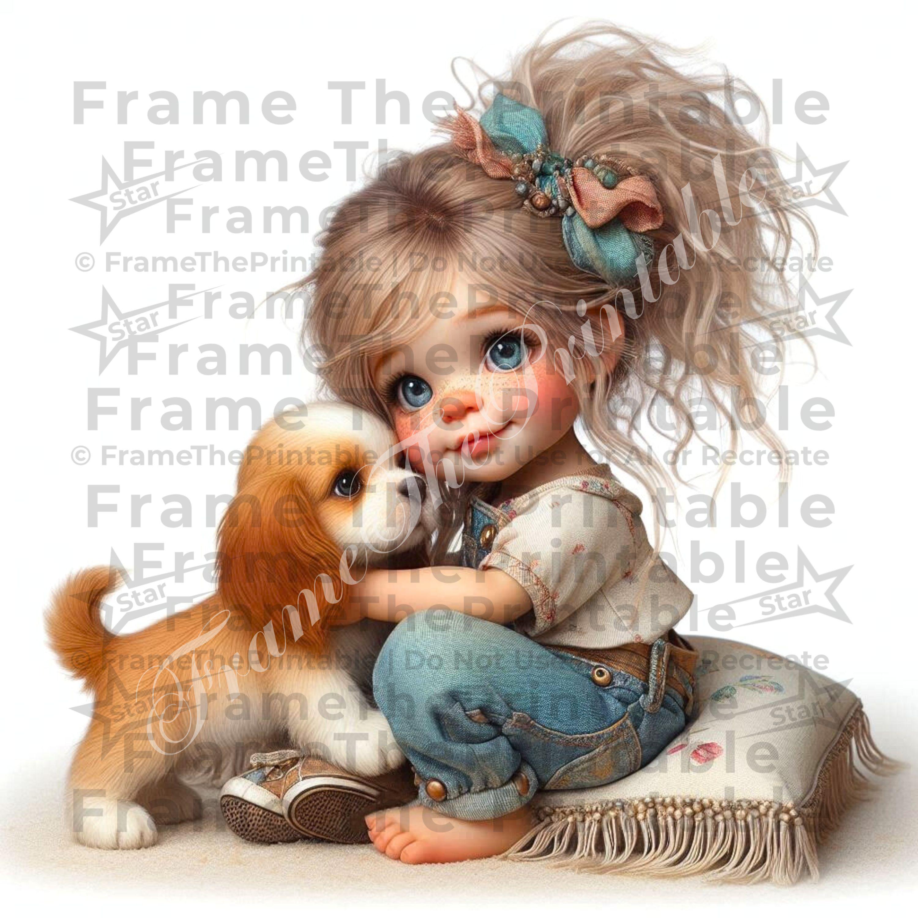 10 Cute Girl With Puppy Clipart, Whimsical Girl With Dog JPG Images ...
