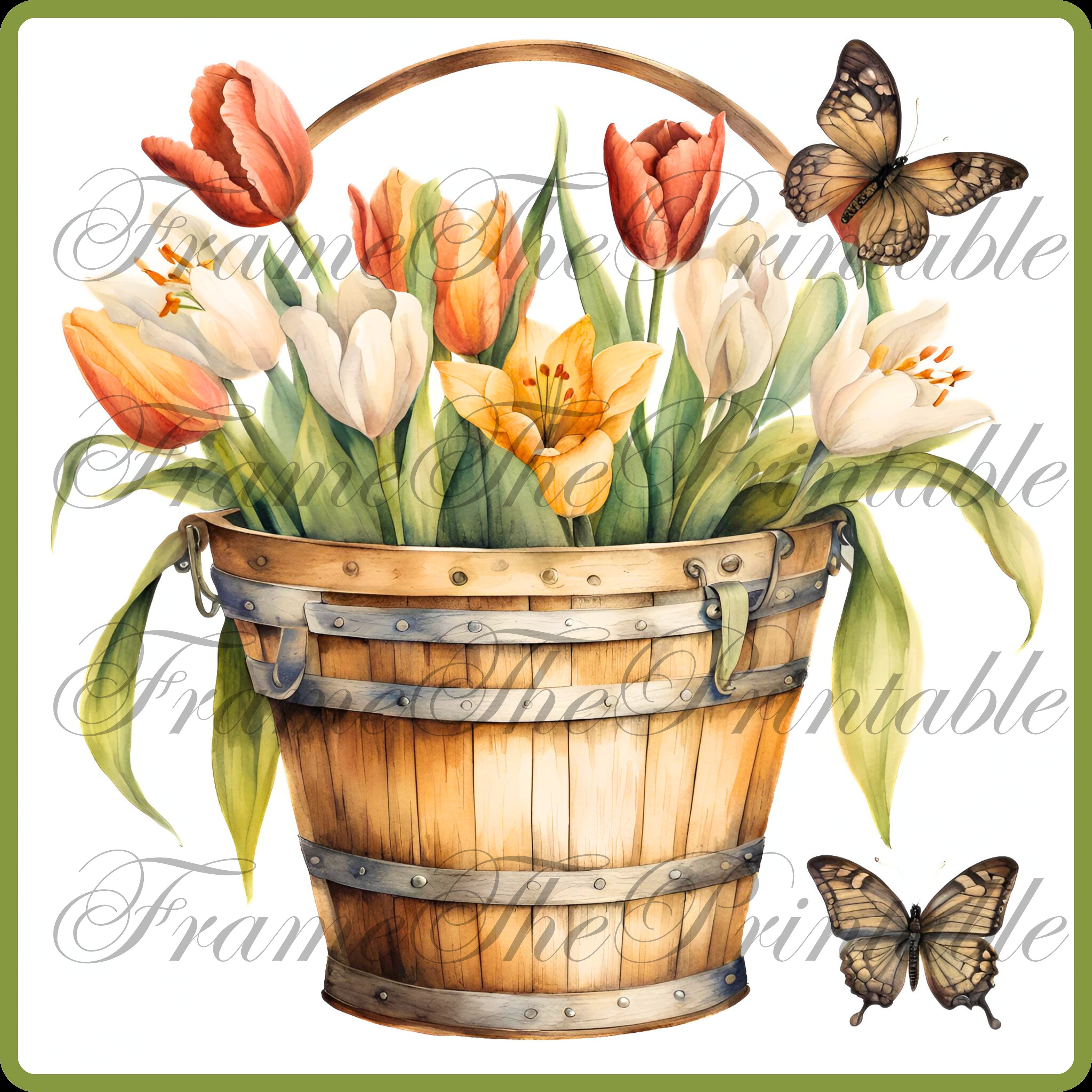 Floral Clipart,wooden Bucket PNG JPG,SVG Flowers for Sticker,blue ...