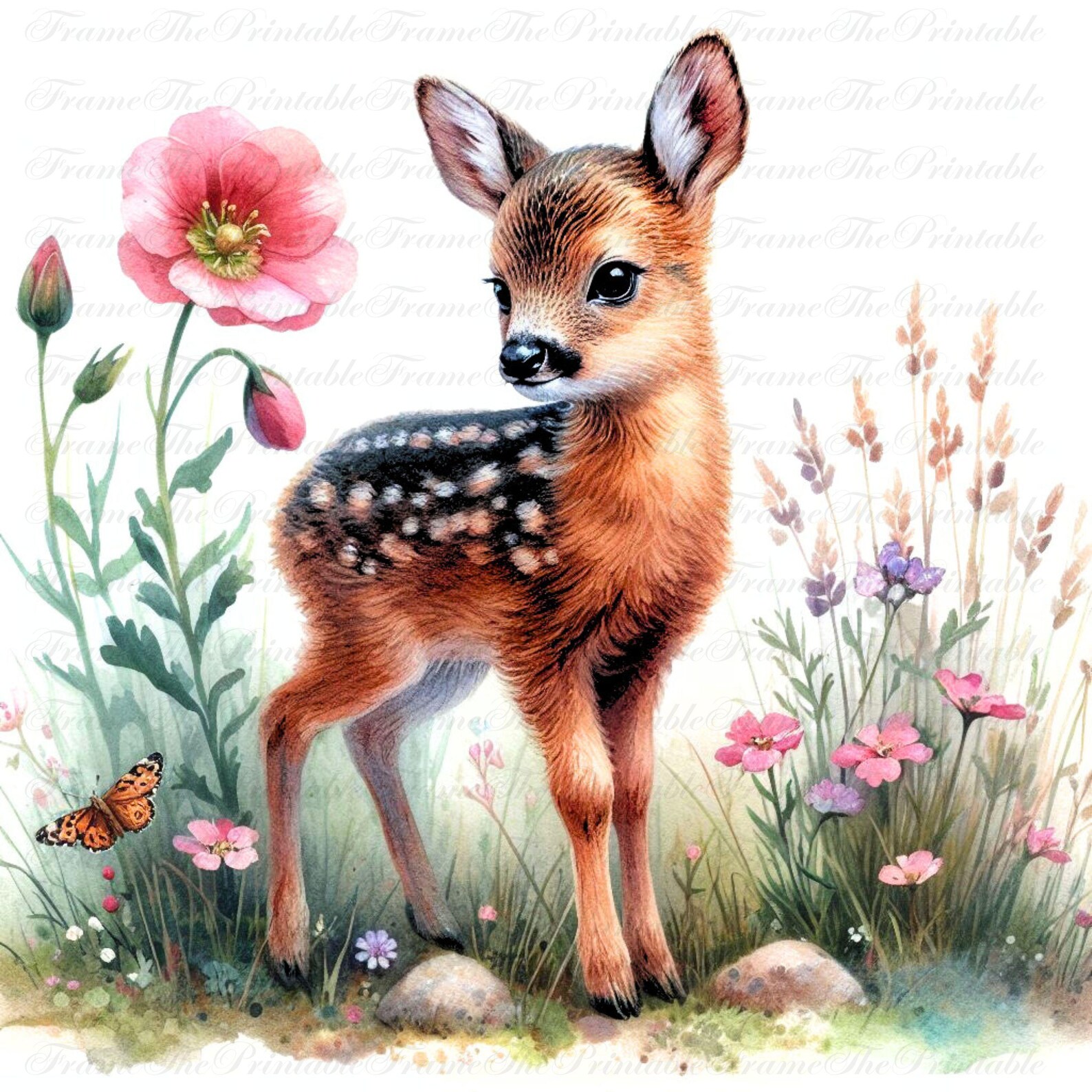 20 Cute Roe in a Floral Grass Clipart, Whimsical Wild Animals Art ...