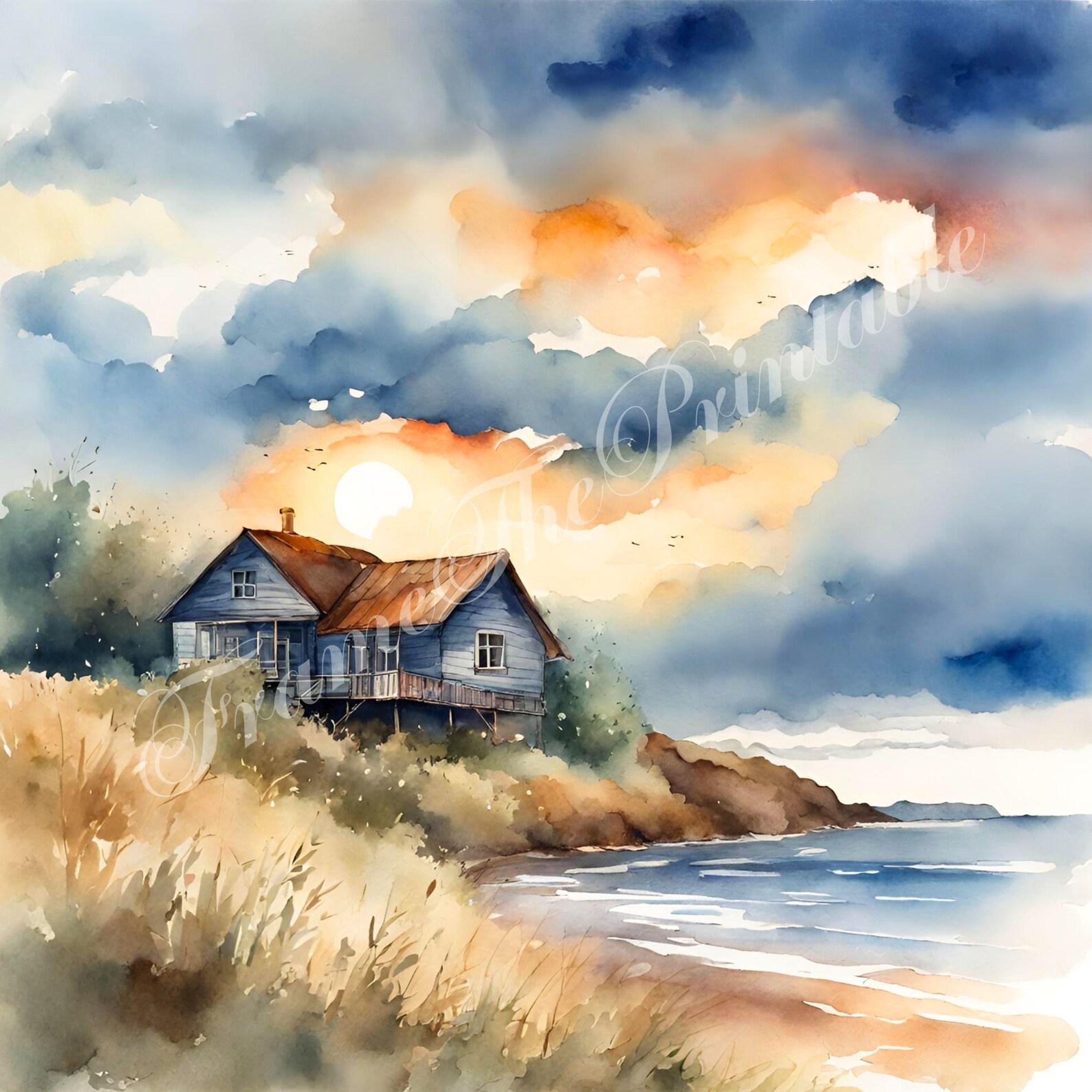 Seaside and Old Cottage Landscape Clipart, Ocean Beach Scene High ...
