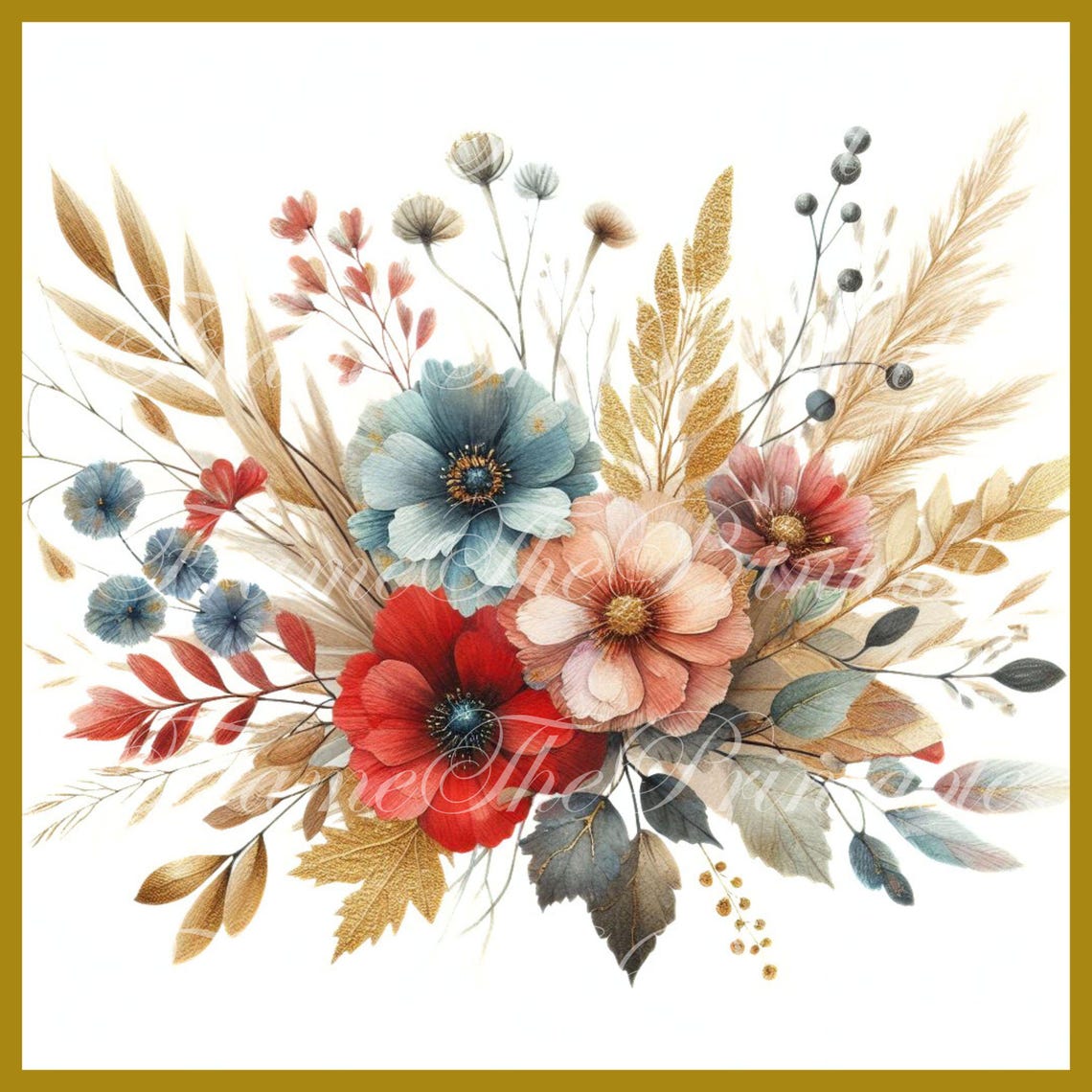 Golden Flowers Bouquet Clipart, 20 PNG Images 300 DPI, Yellow Floral ...
