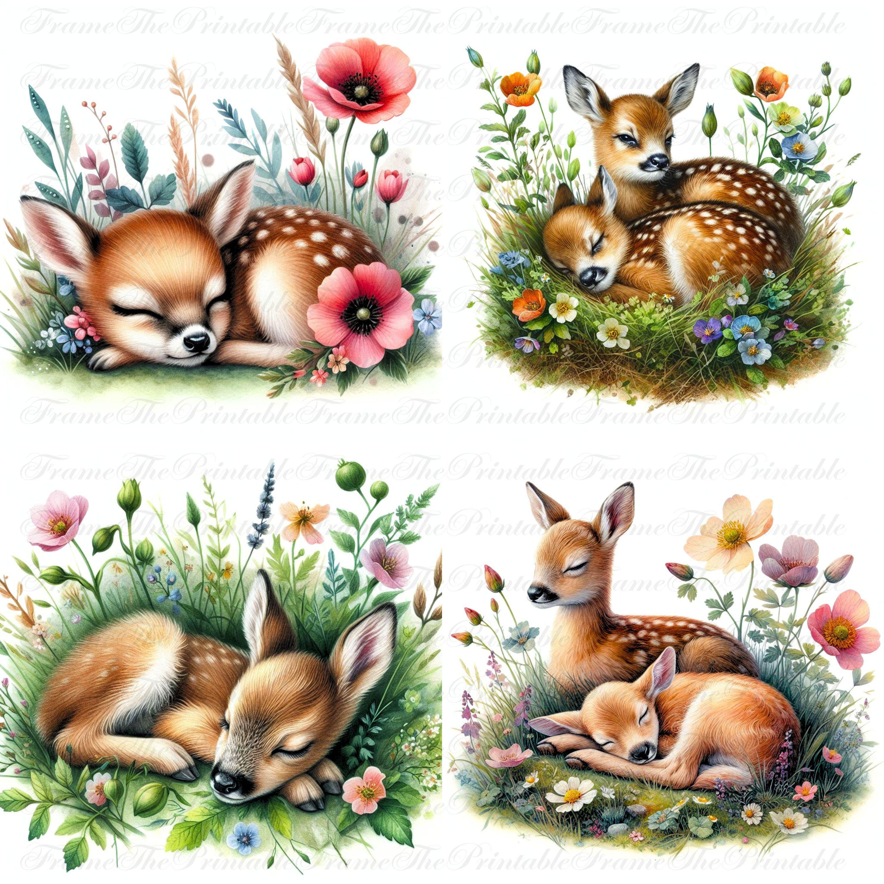 20 Cute Roe in a Floral Grass Clipart, Whimsical Wild Animals Art ...