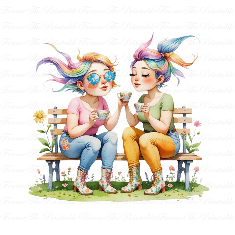 Tea Time Girl Clipart, Whimsical Friends PNG, Colourful Hair Dolls ...