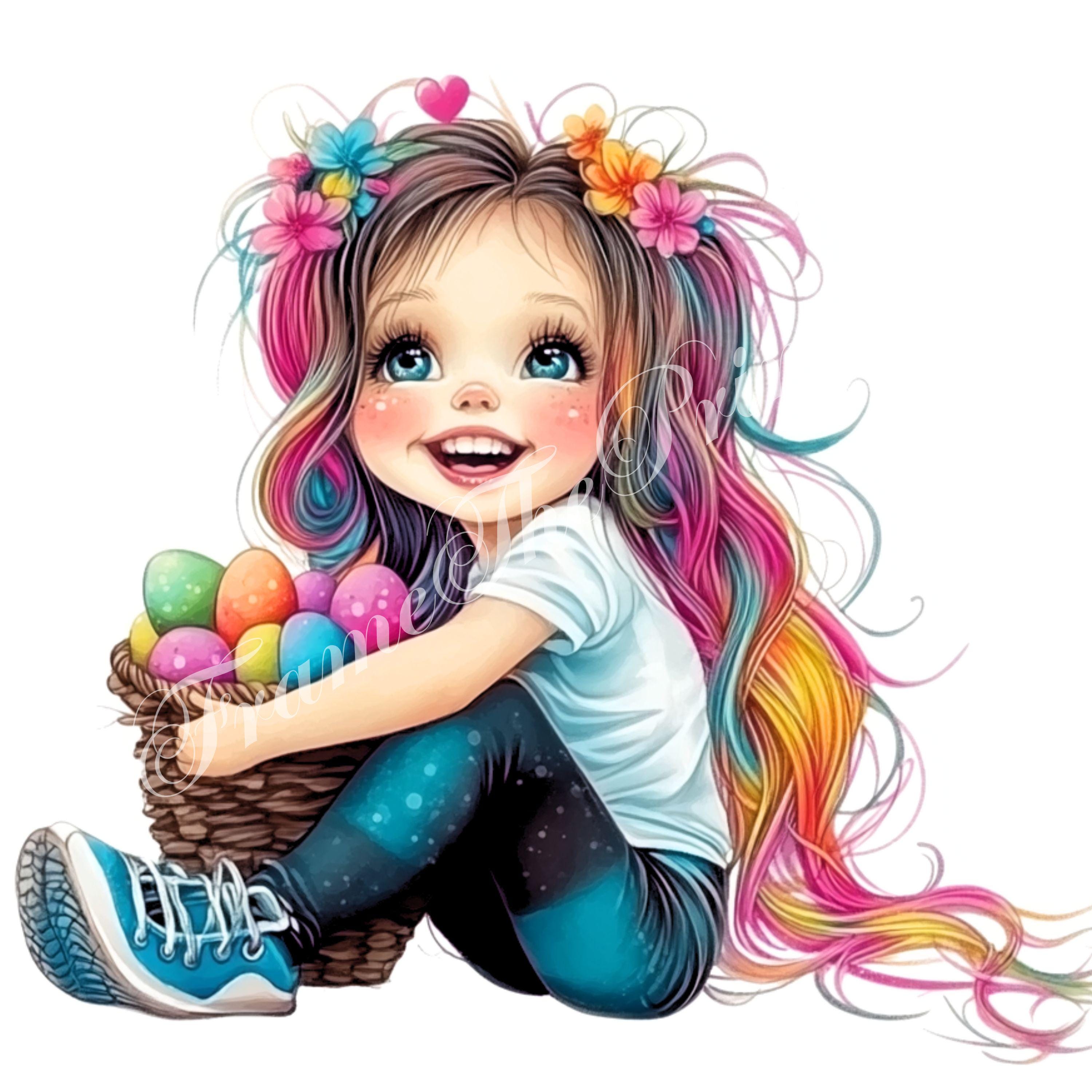 Easter Girl Clipart PNG, Cute Spring Illustration, Basket of Eggs, Girl ...
