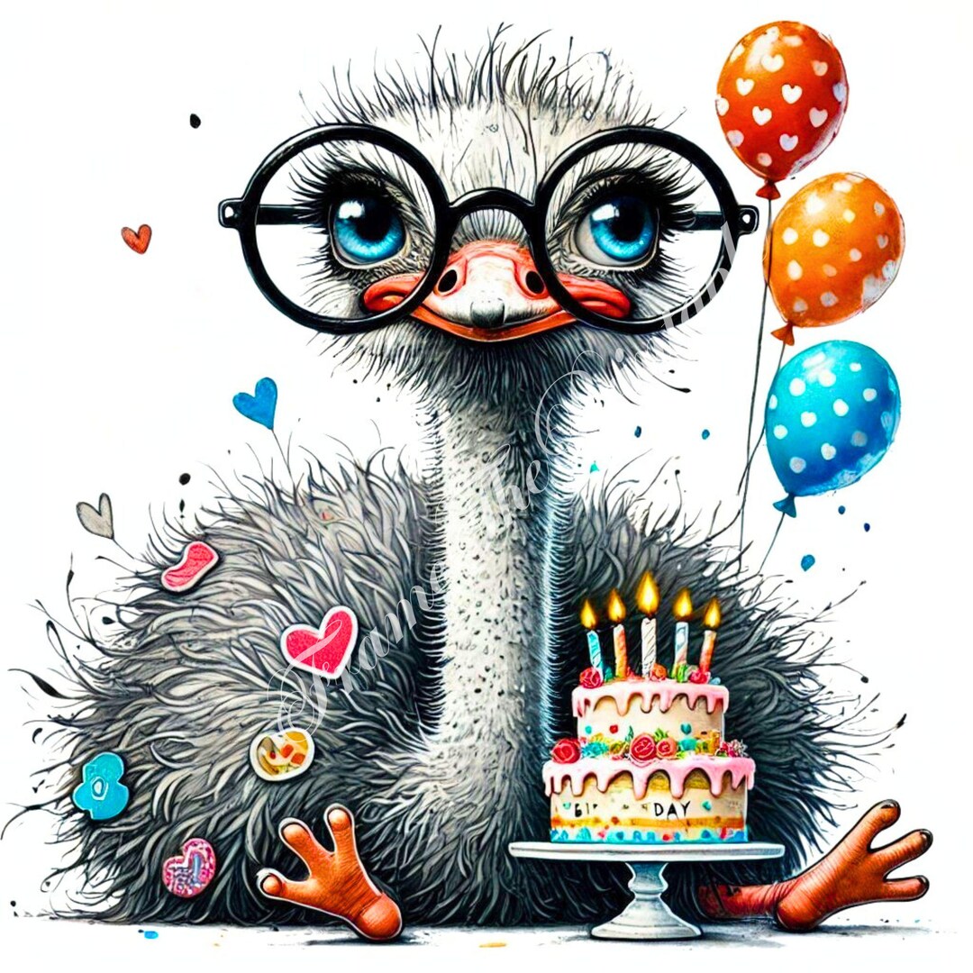 Quirky Birthday Ostrich Clipart Whimsical Party Bird Bundle Funny ...
