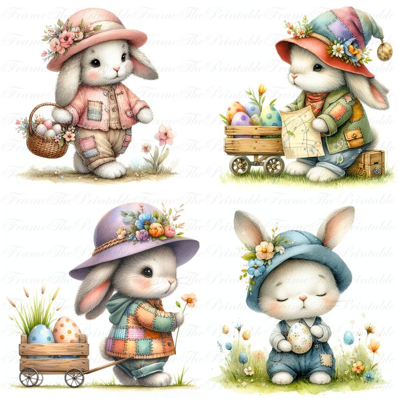 Easter Bunny With Eggs Clipart, Vintage Rabbit With Floral Hat PNG ...