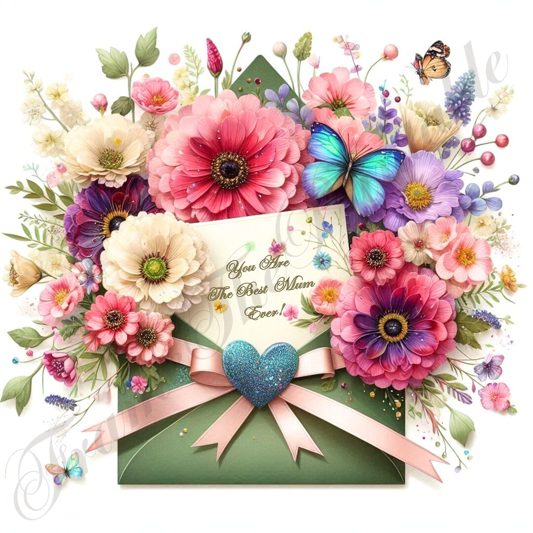Mother's Day Flowers With Envelope Card Clipart, Gift for Best Mum Ever ...