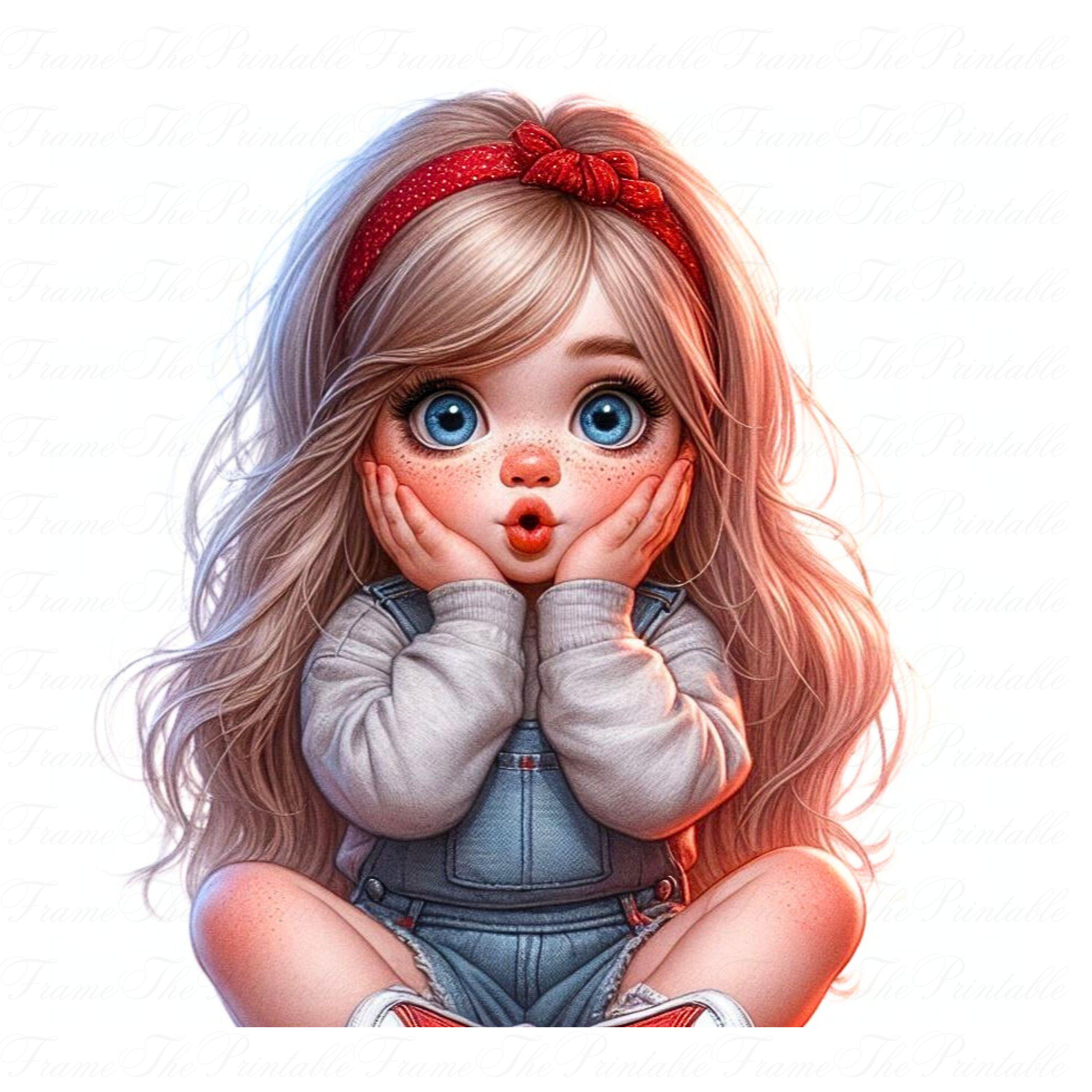 Cute Shocked Girl Clipart Set, 12 PNG High-res Images, Whimsical Retro ...