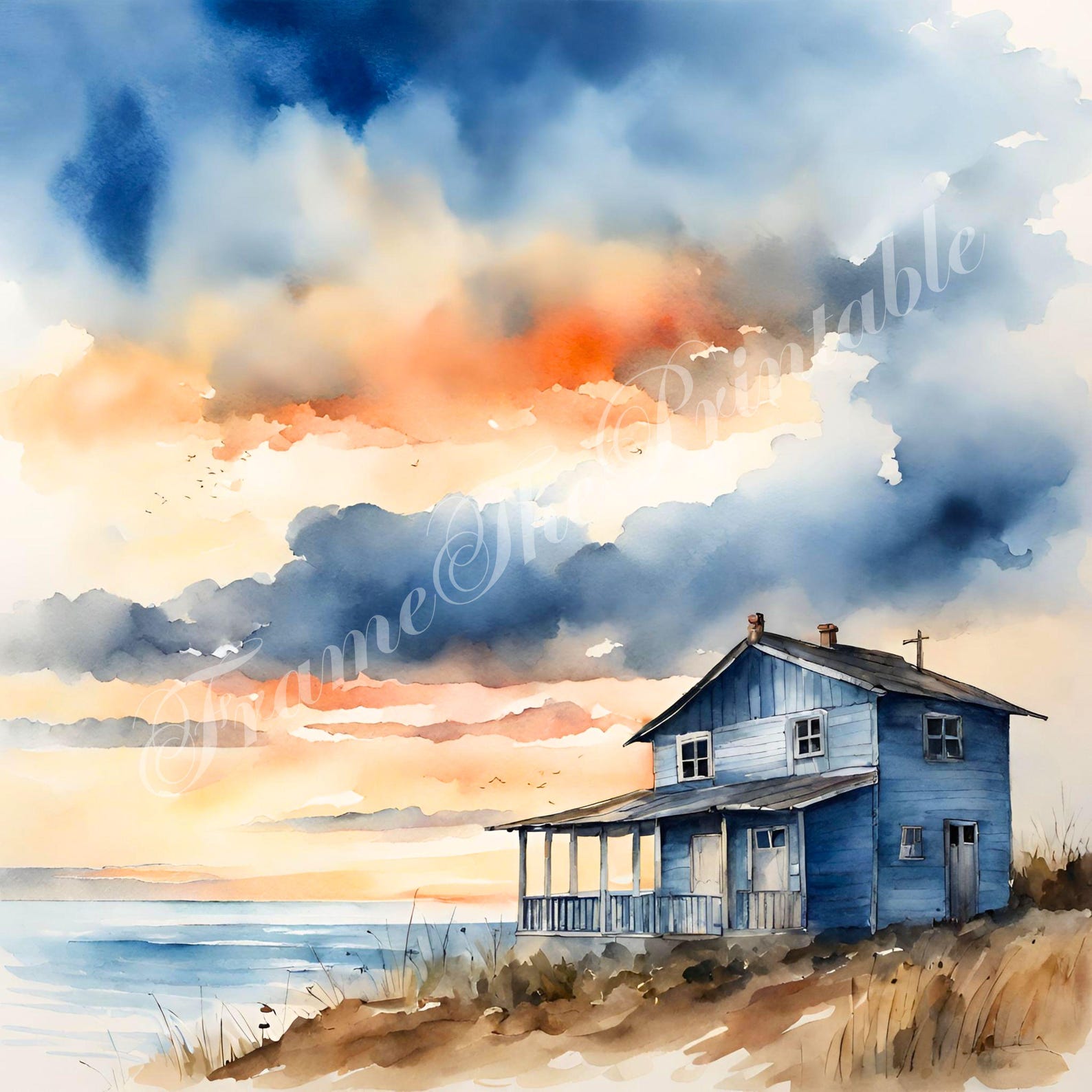 Seaside and Old Cottage Landscape Clipart, Ocean Beach Scene High ...