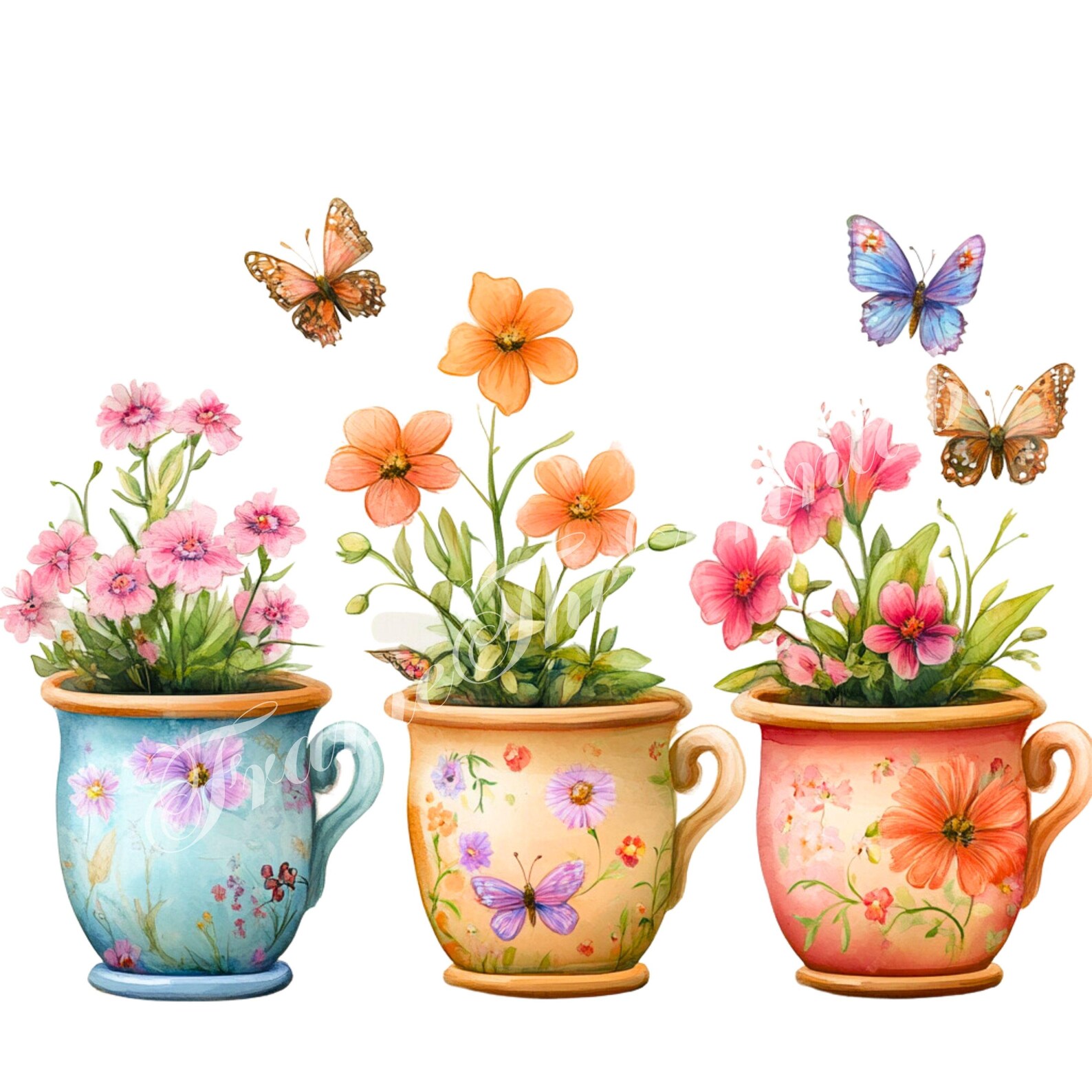 12 Whimsical Pots of Flowers Clip Art ,watercolour Row of Flowers, High ...