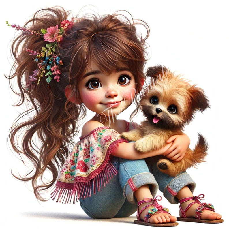Girl With Puppy Clipart Whimsical Cute Girl With Dog Bundle Watercolour ...
