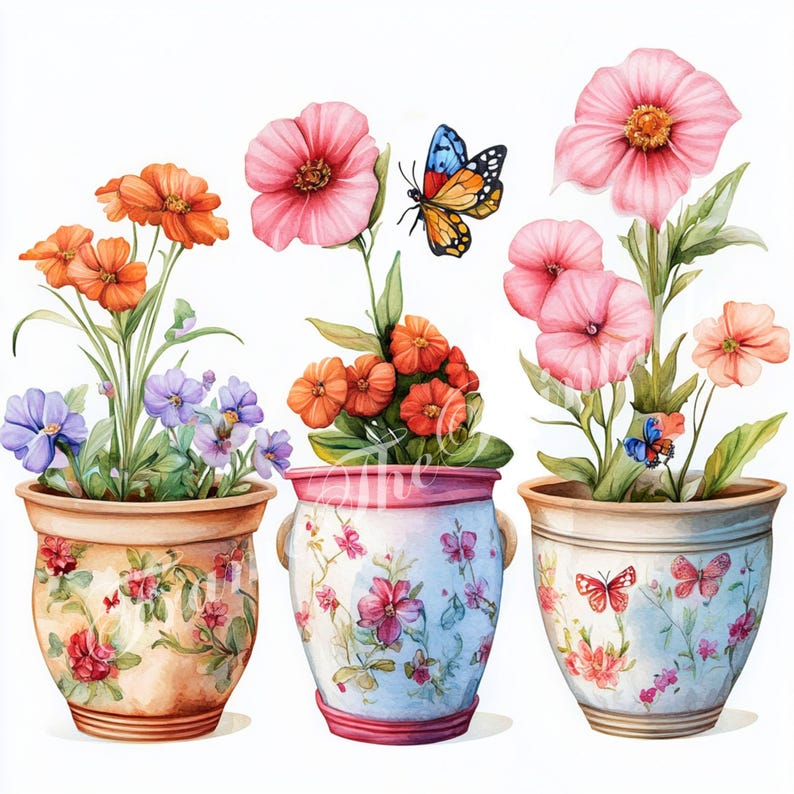 12 Whimsical Pots of Flowers Clip Art ,watercolour Row of Flowers, High ...
