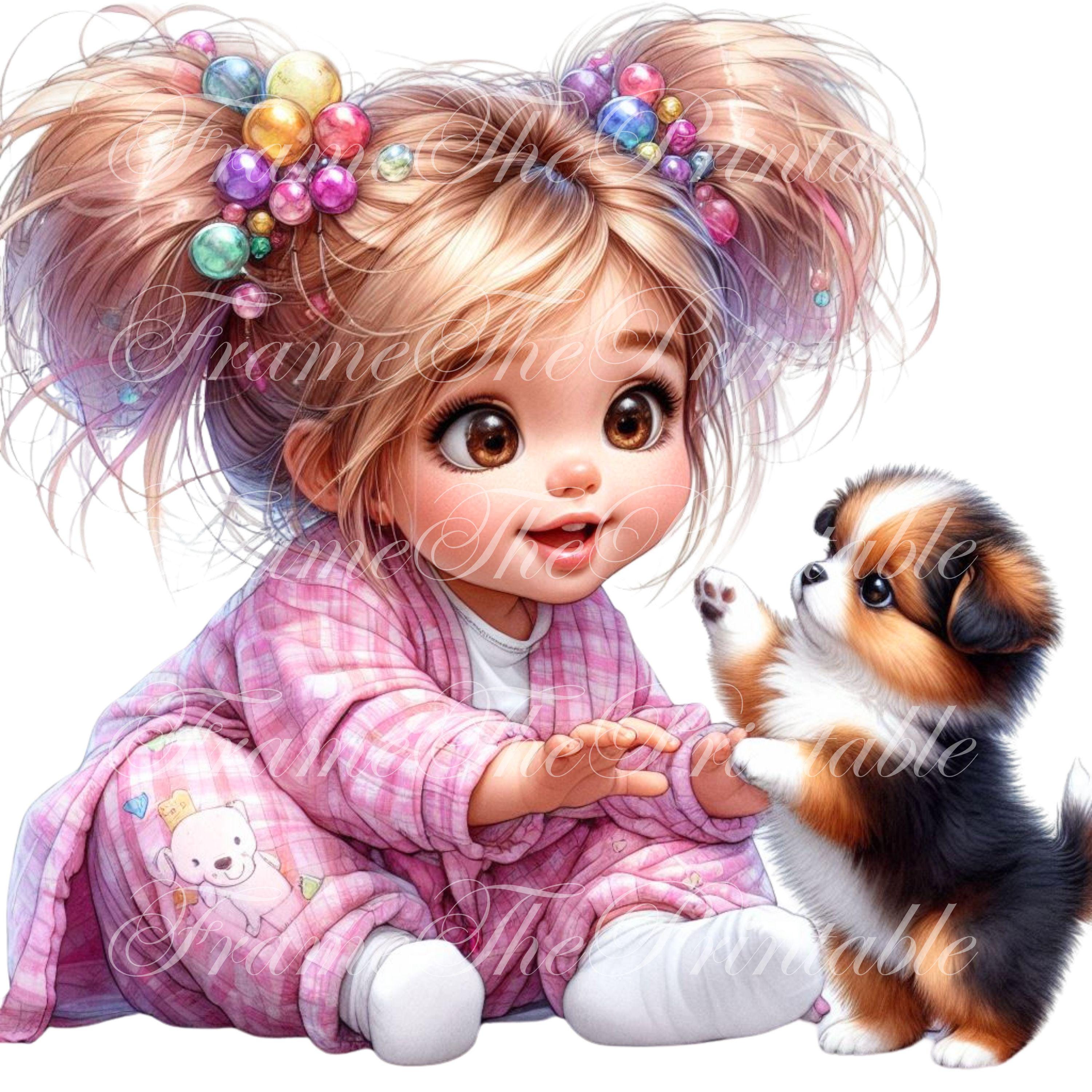 15 Cute Girl With Puppy Clipart Commercial Use Ephemera PNG 300 DPI ...