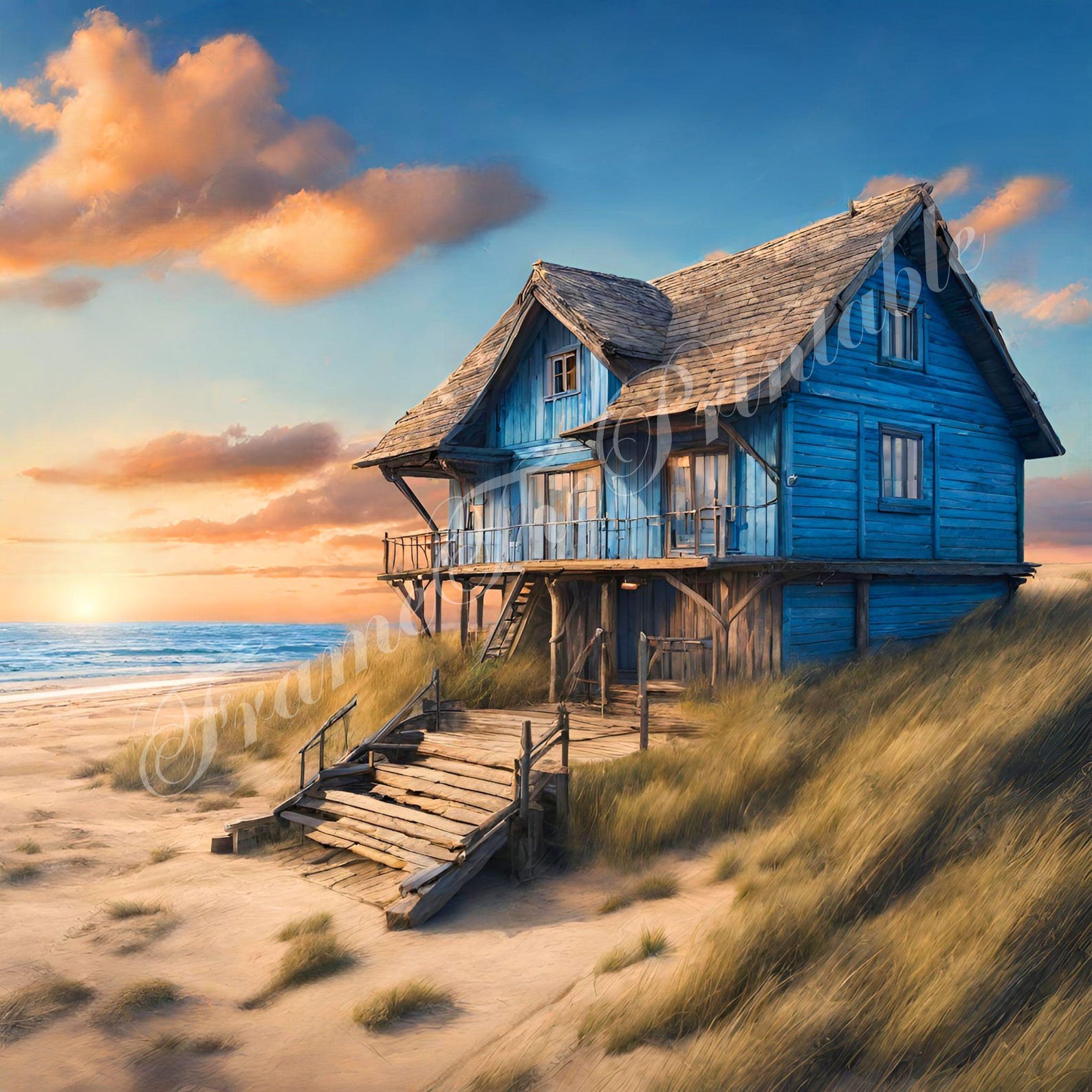 Seaside and Old Cottage Landscape Clipart, Ocean Beach Scene High ...