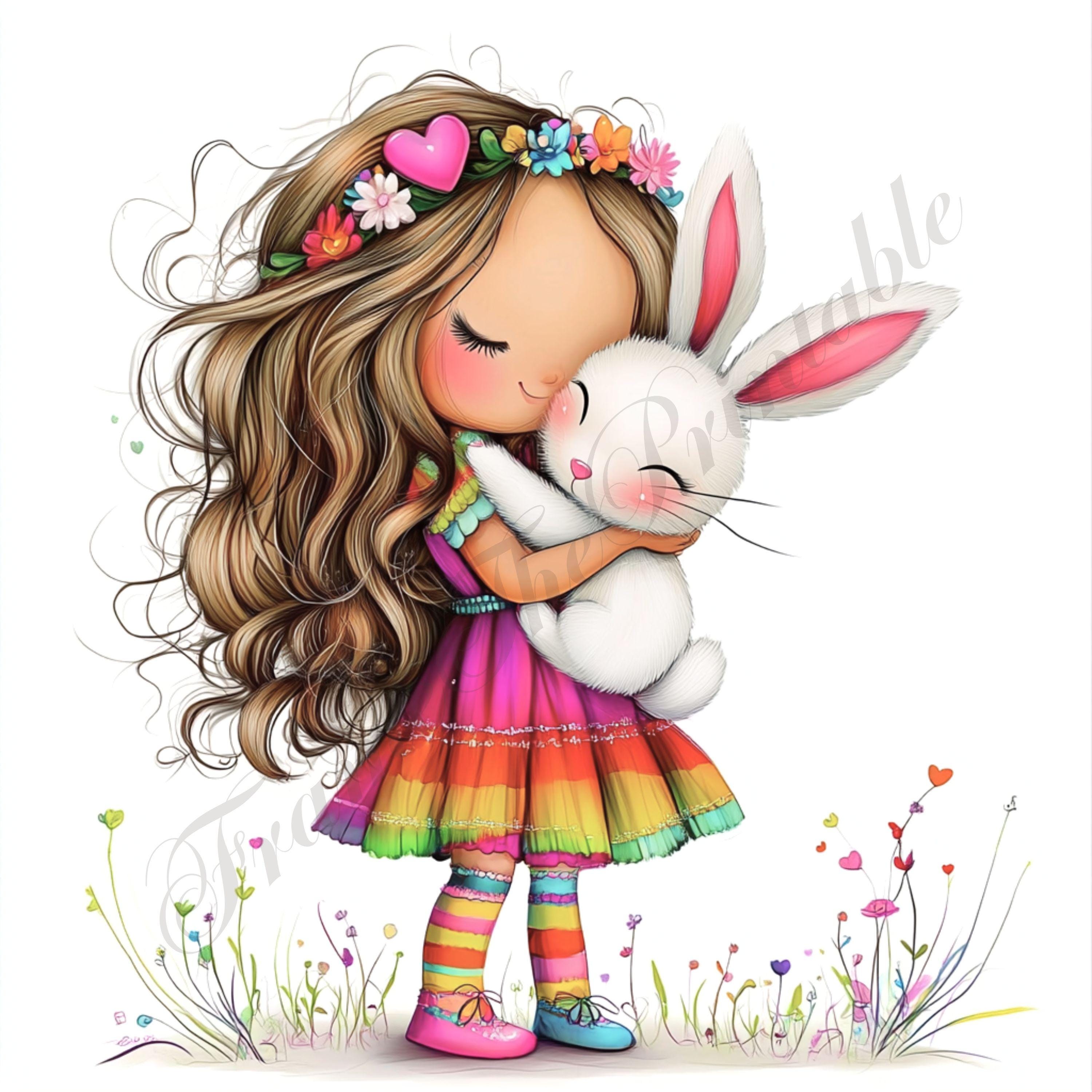 10 Easter Girl With Frazzled Bunny Clipart, JPG Rabbit Digital Art ...