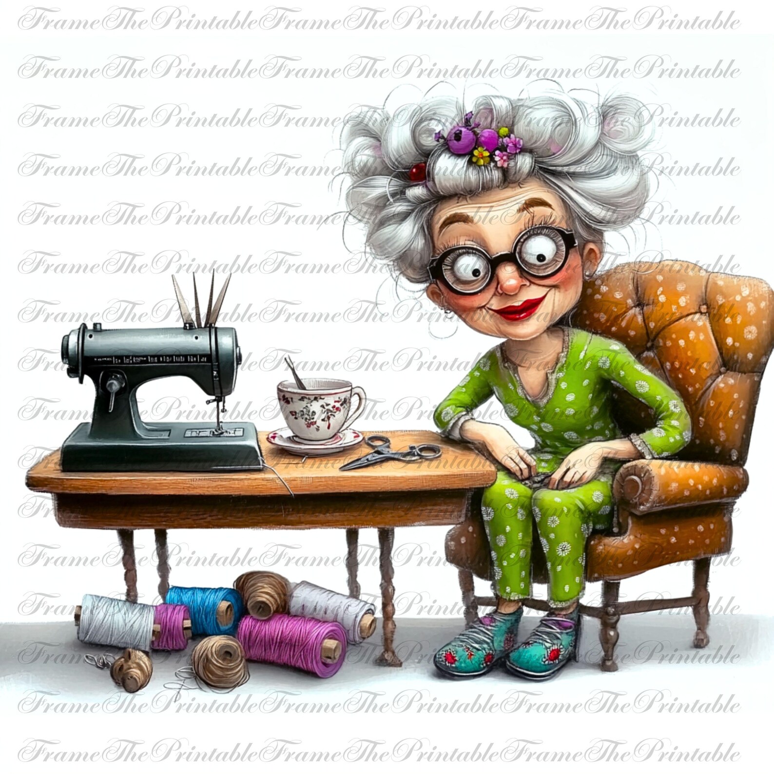 Quirky Seamstress Clipart, Funny Sewer Lady, Quirky Granny Sewing ...