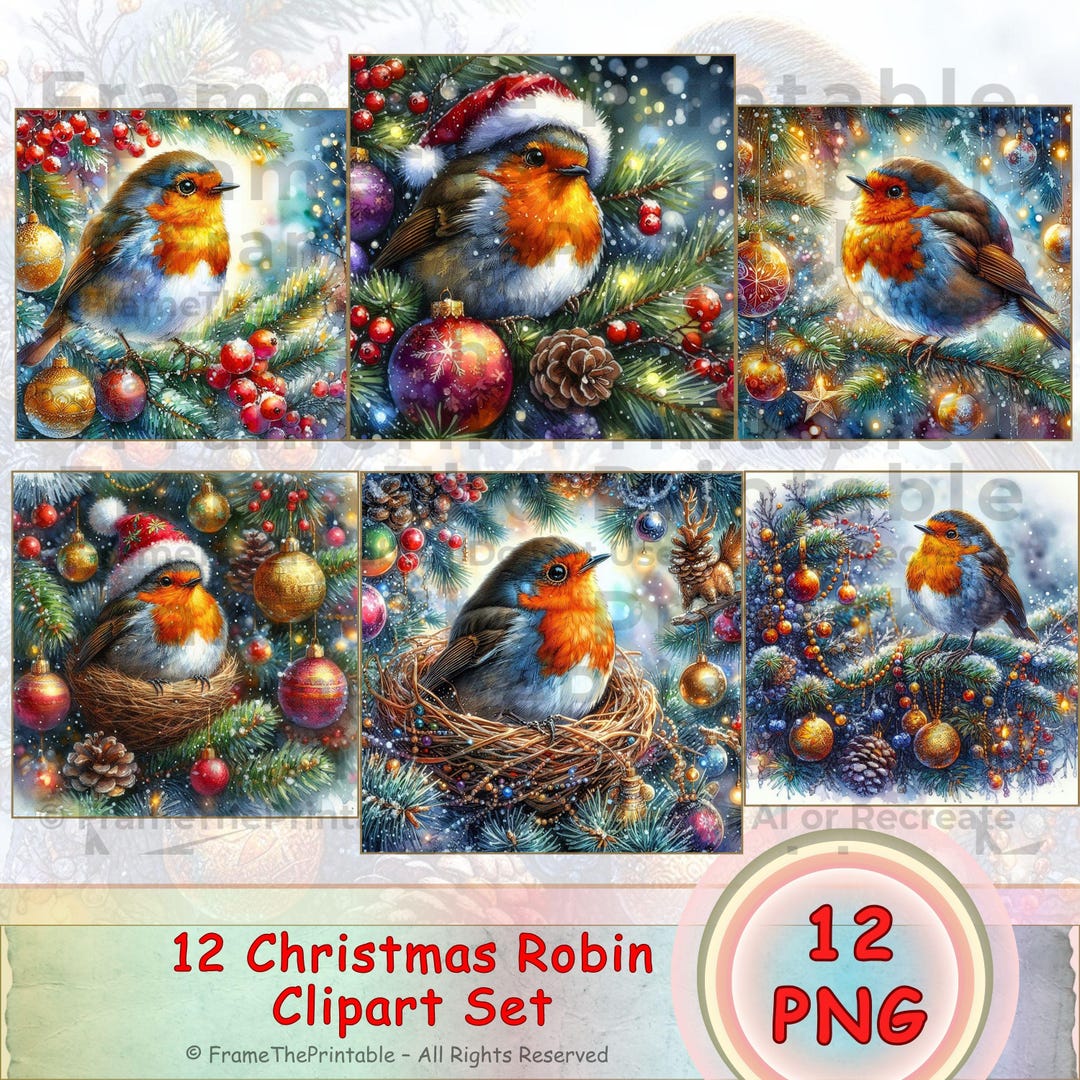 Christmas Robin Clipart Set With Festive Birds on Decorated Branches ...