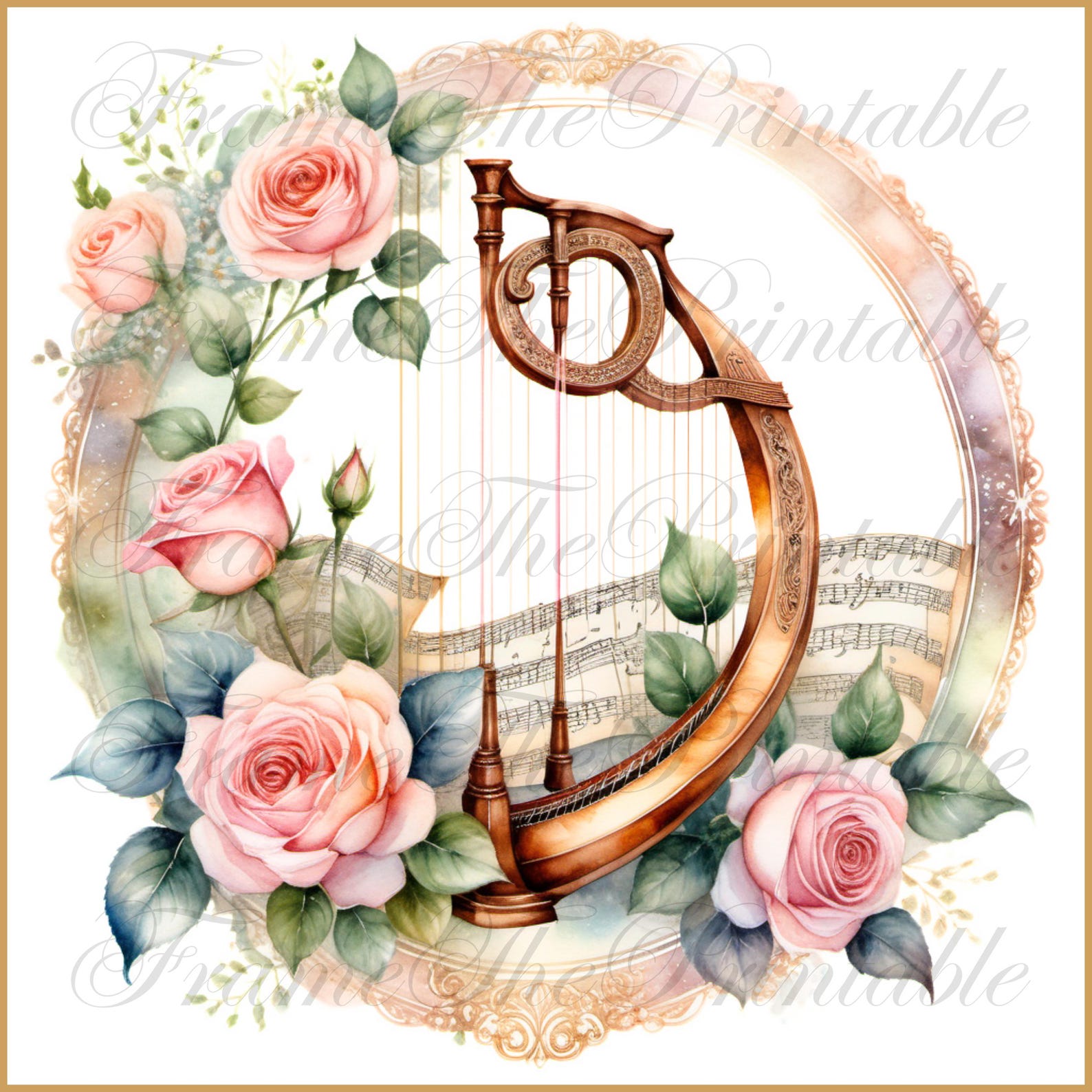Vintage Floral Harp With Roses Clipart Printable Pictures Aesthetic ...