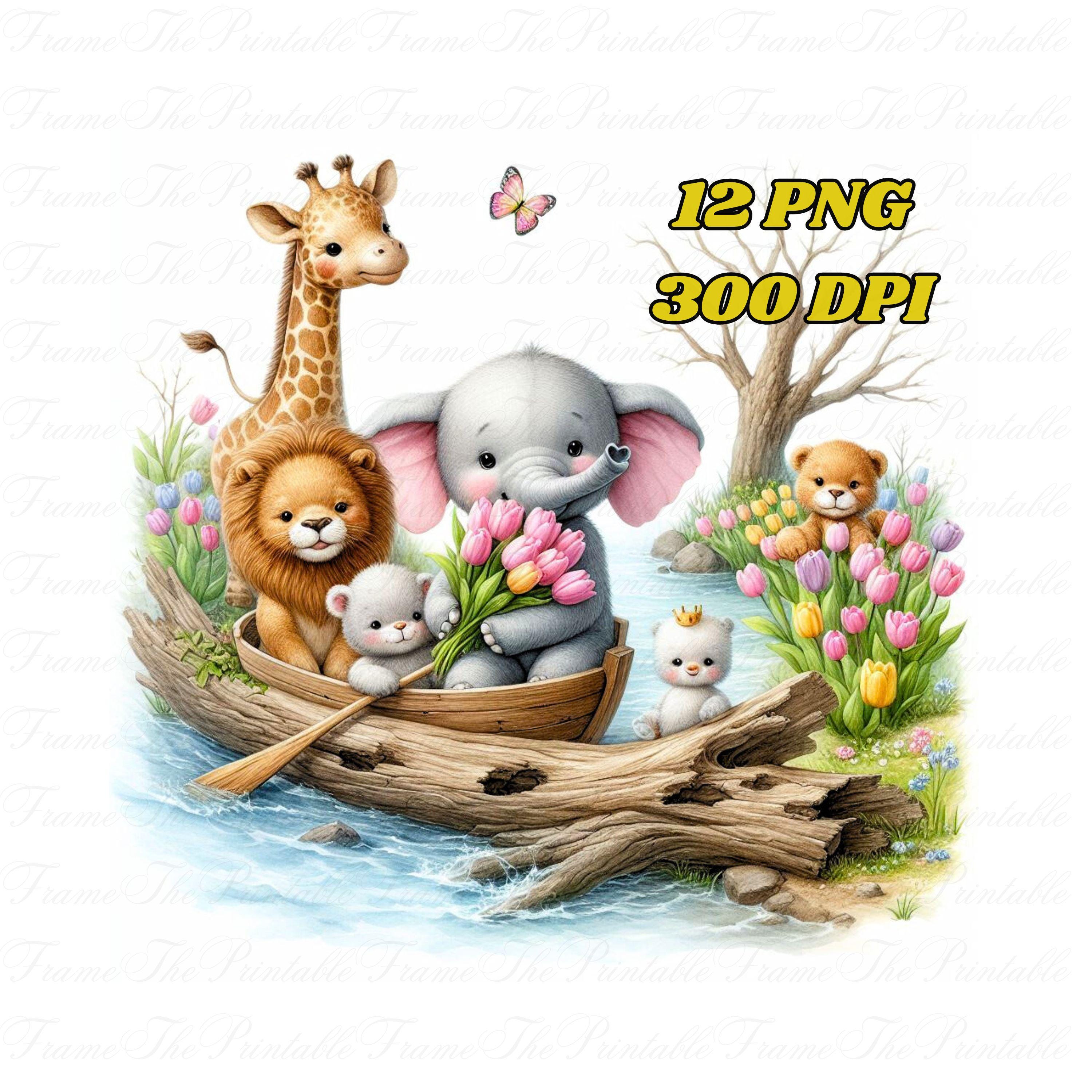 Baby Safari Animals Clipart, Cute Elephant Lion Giraffe Bear PNG ...