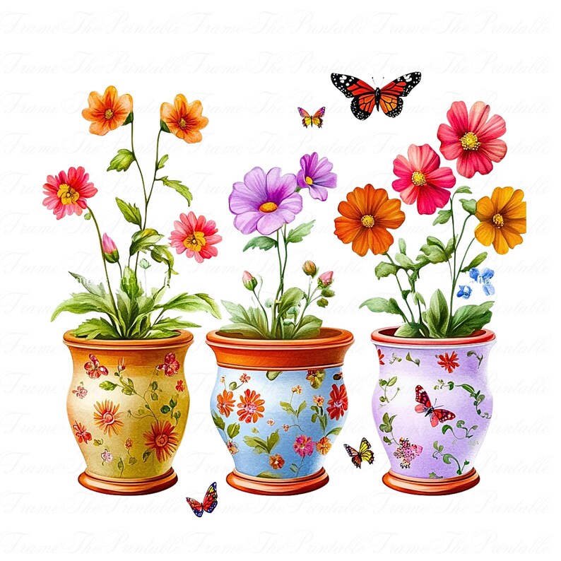 Pots of Flowers Clipart, Birthday Flowers Row, Colourful Floral Design ...