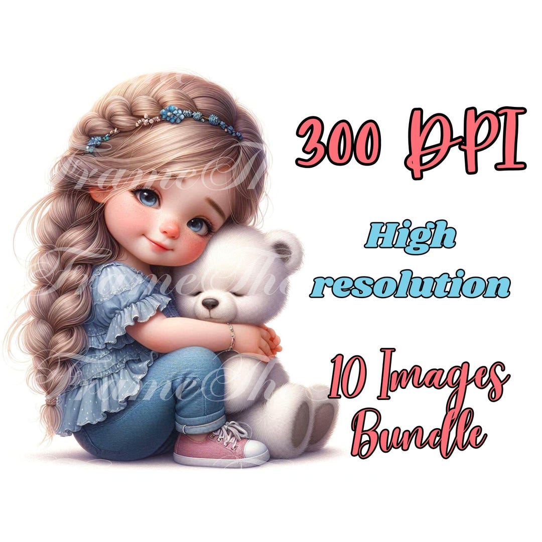 Girl With Teddy Bear Clipart Set, 10 JPG Images, 300 DPI Digital ...