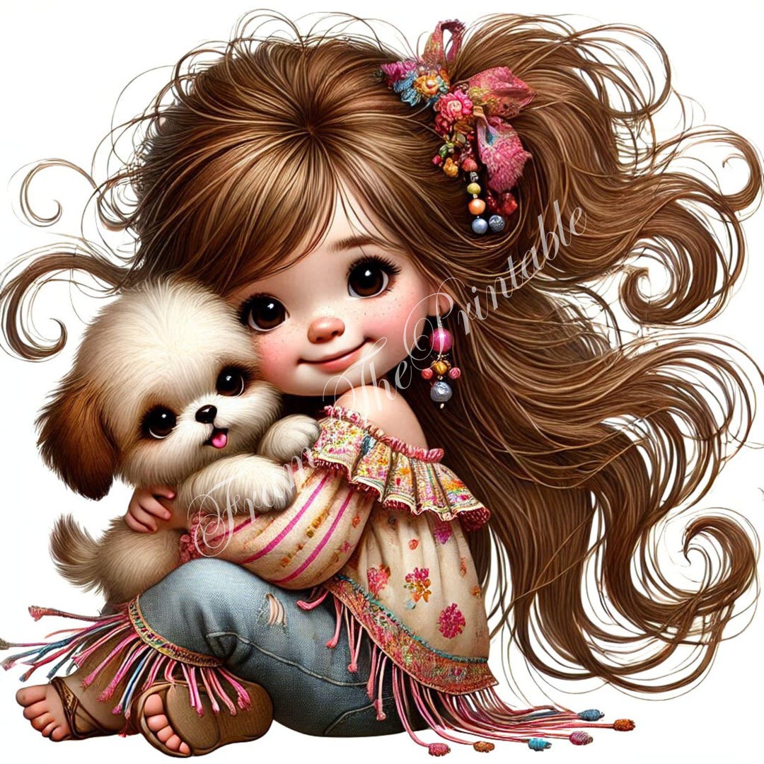 Girl With Puppy Clipart Whimsical Cute Girl With Dog Bundle Watercolour ...