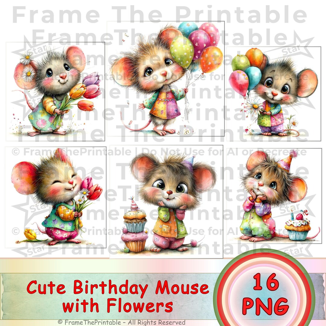 Birthday Mouse Clipart, 16 PNG Watercolor Mice With Flowers, Balloons ...