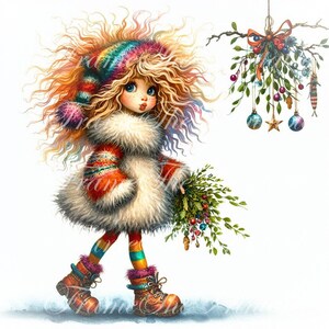 Cute Quirky Christmas Girl Clipart Commercial Images Whimsical Ephemera ...