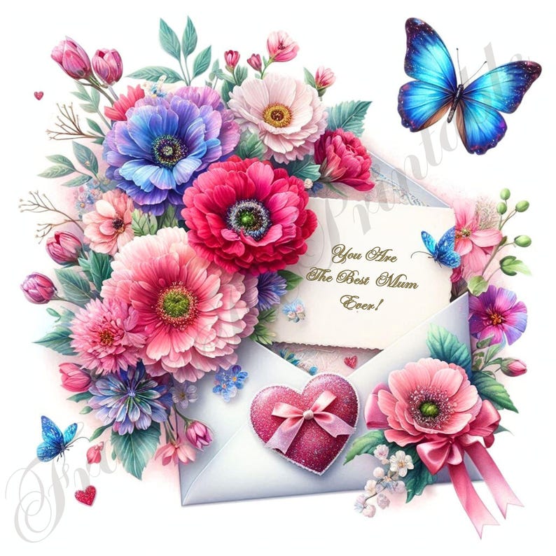 Mother's Day Flowers With Envelope Card Clipart, Gift for Best Mum Ever ...