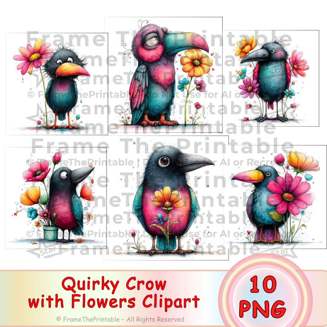 Quirky Crow Clipart Set, Whimsical Crow With Flowers, 10 PNG Digital ...