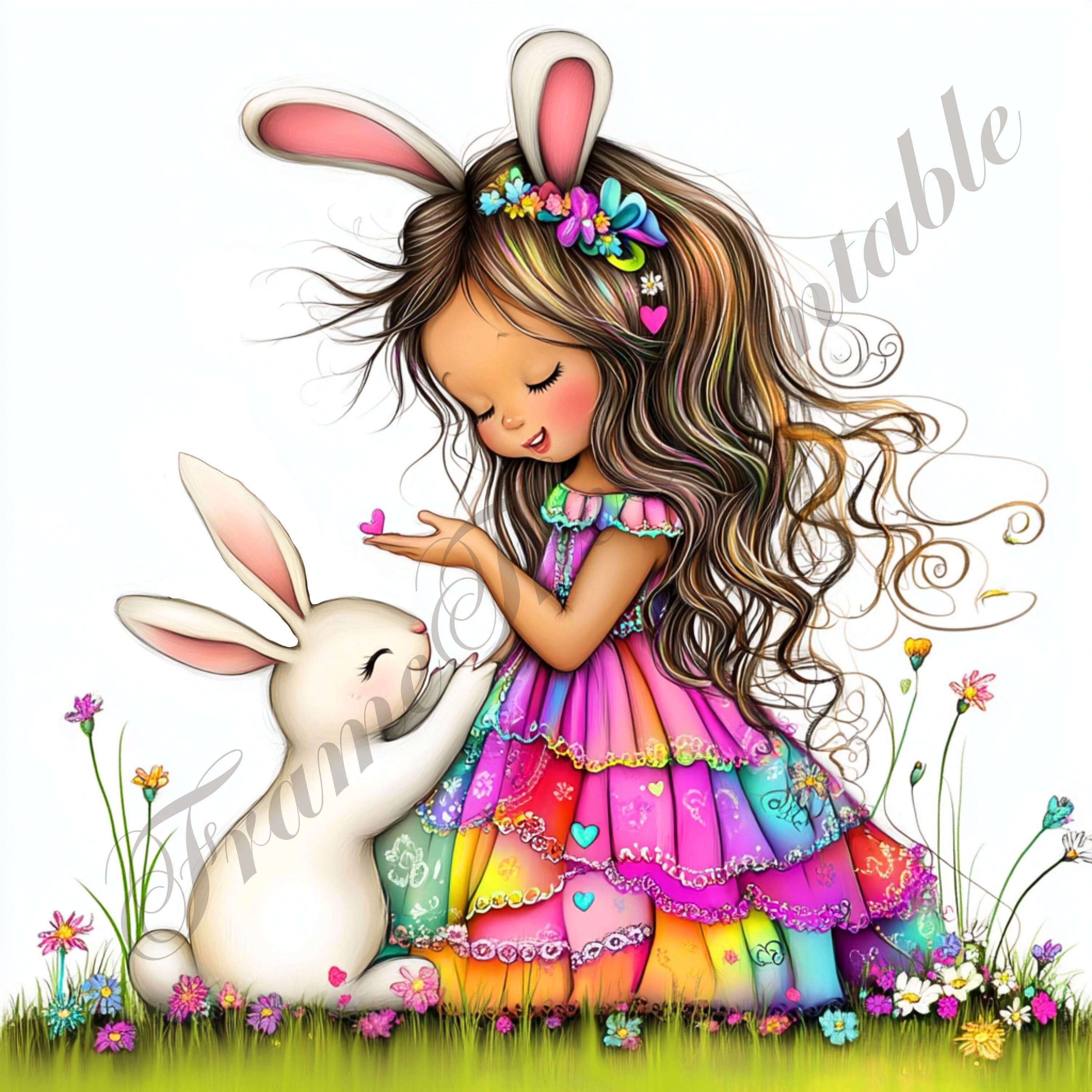 12 Easter Girl With Bunny Clipart, Cute Girl With Rabbit Digital Art ...