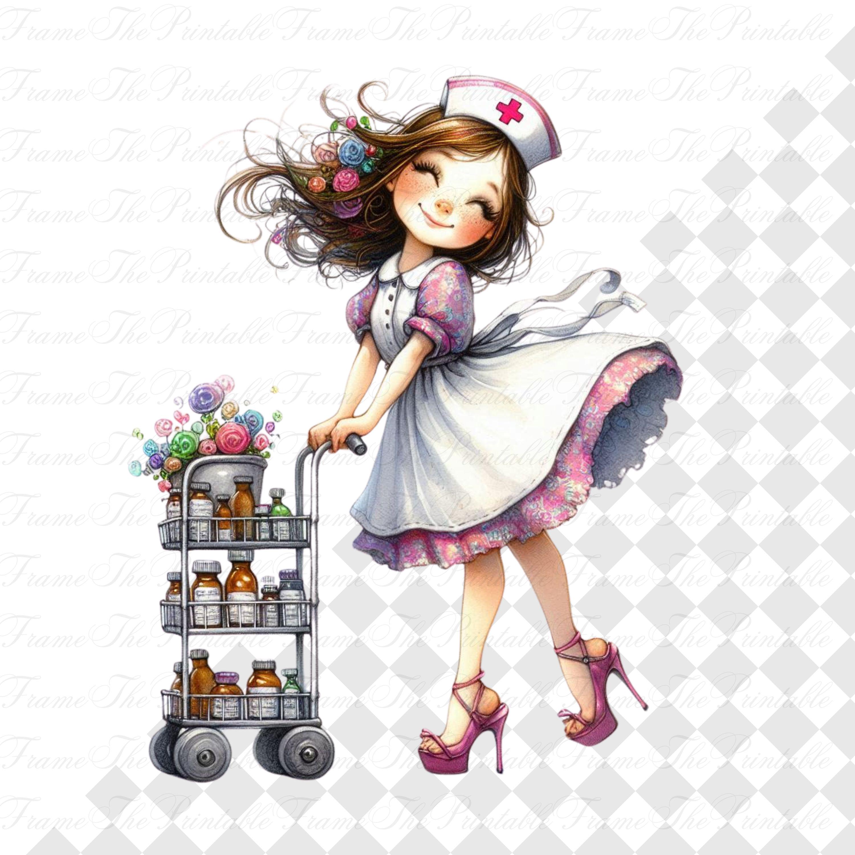 Vintage Quirky Nurse Clipart, Happy Floral Nurse, Funny Health Fantasy ...