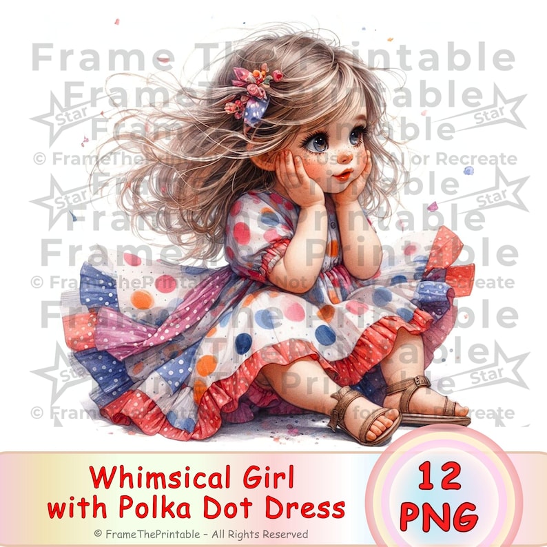 Whimsical Girl Clipart With Polka Dot Dress Cute Child Illustration PNG ...