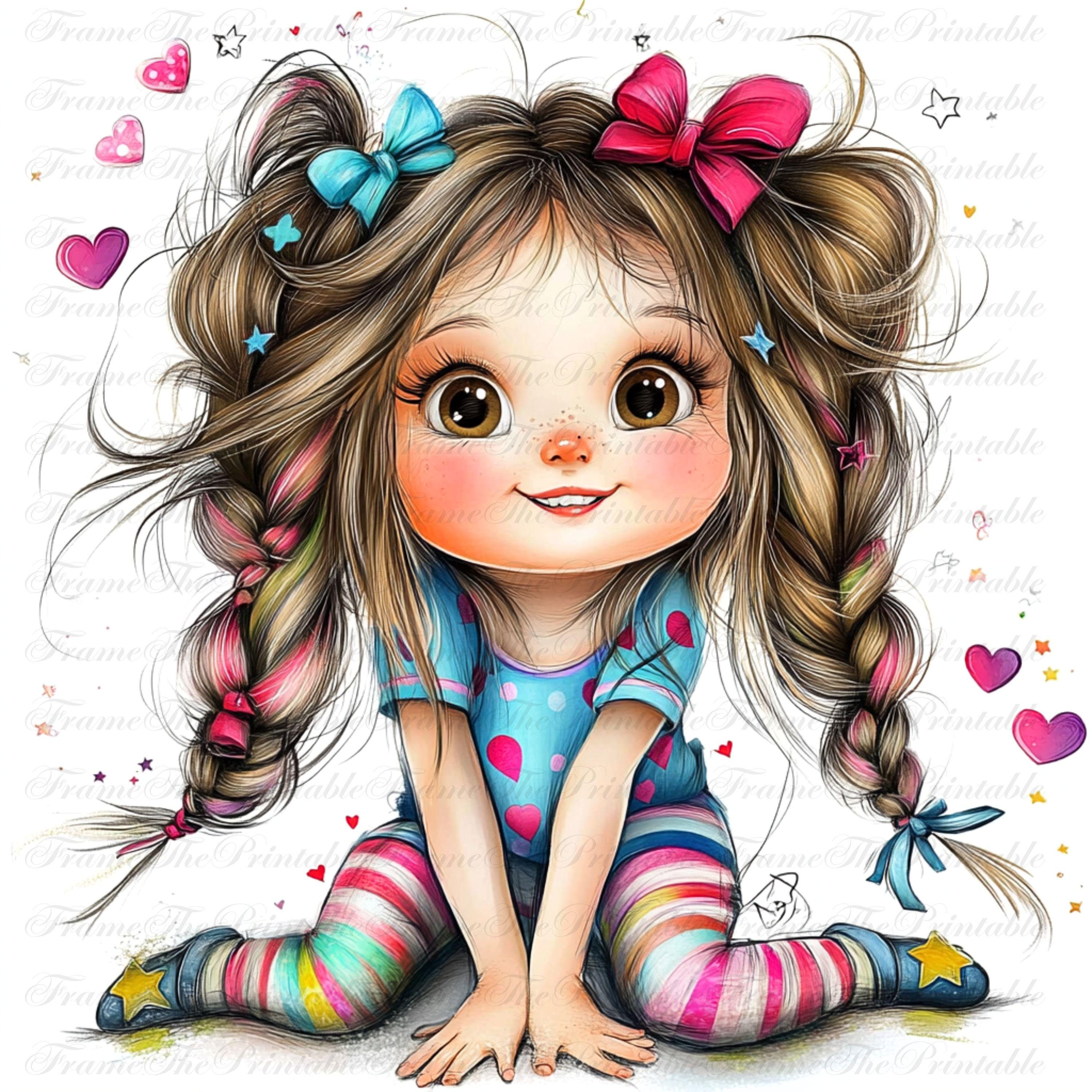 10 Beautiful Cute Little Girls Clip Art, Whimsical Happy Children Art ...