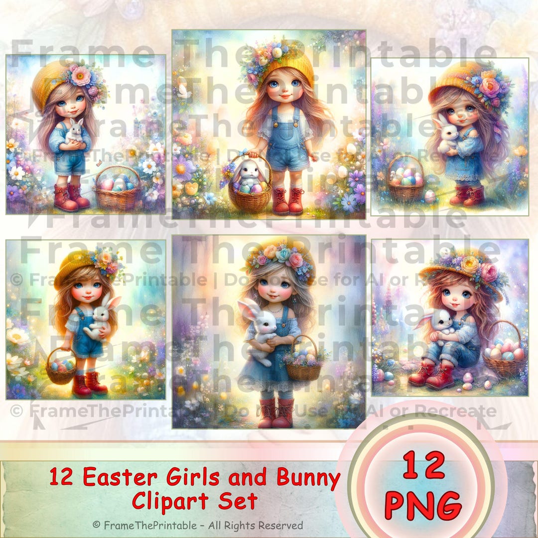 Easter Girl, Bunny, and Egg Basket Clipart Set: Whimsical Spring Floral ...