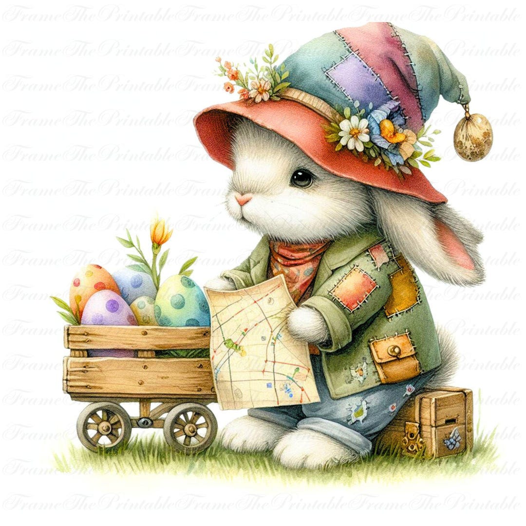 Easter Bunny With Eggs Clipart, Vintage Rabbit With Floral Hat PNG ...