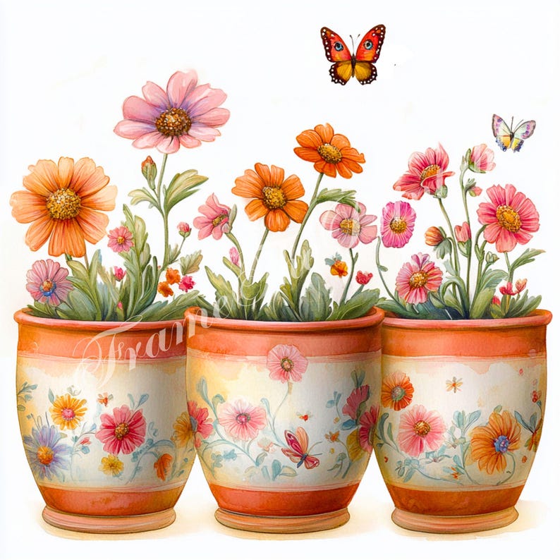 12 Whimsical Pots of Flowers Clip Art ,watercolour Row of Flowers, High ...