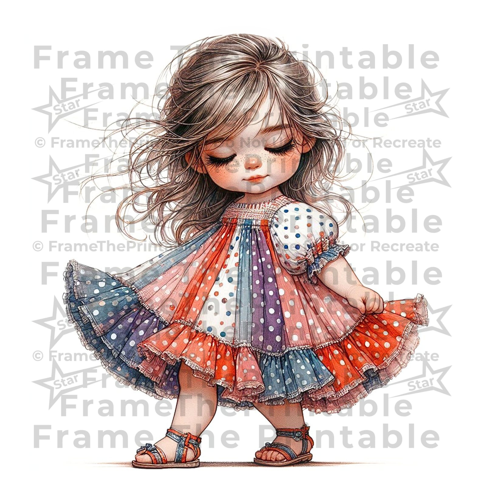 Whimsical Girl Clipart With Polka Dot Dress Cute Child Illustration PNG ...
