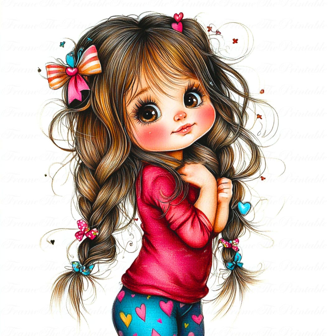Adorable Little Girl Clip Art, Whimsical Girl With Braids, Instant ...