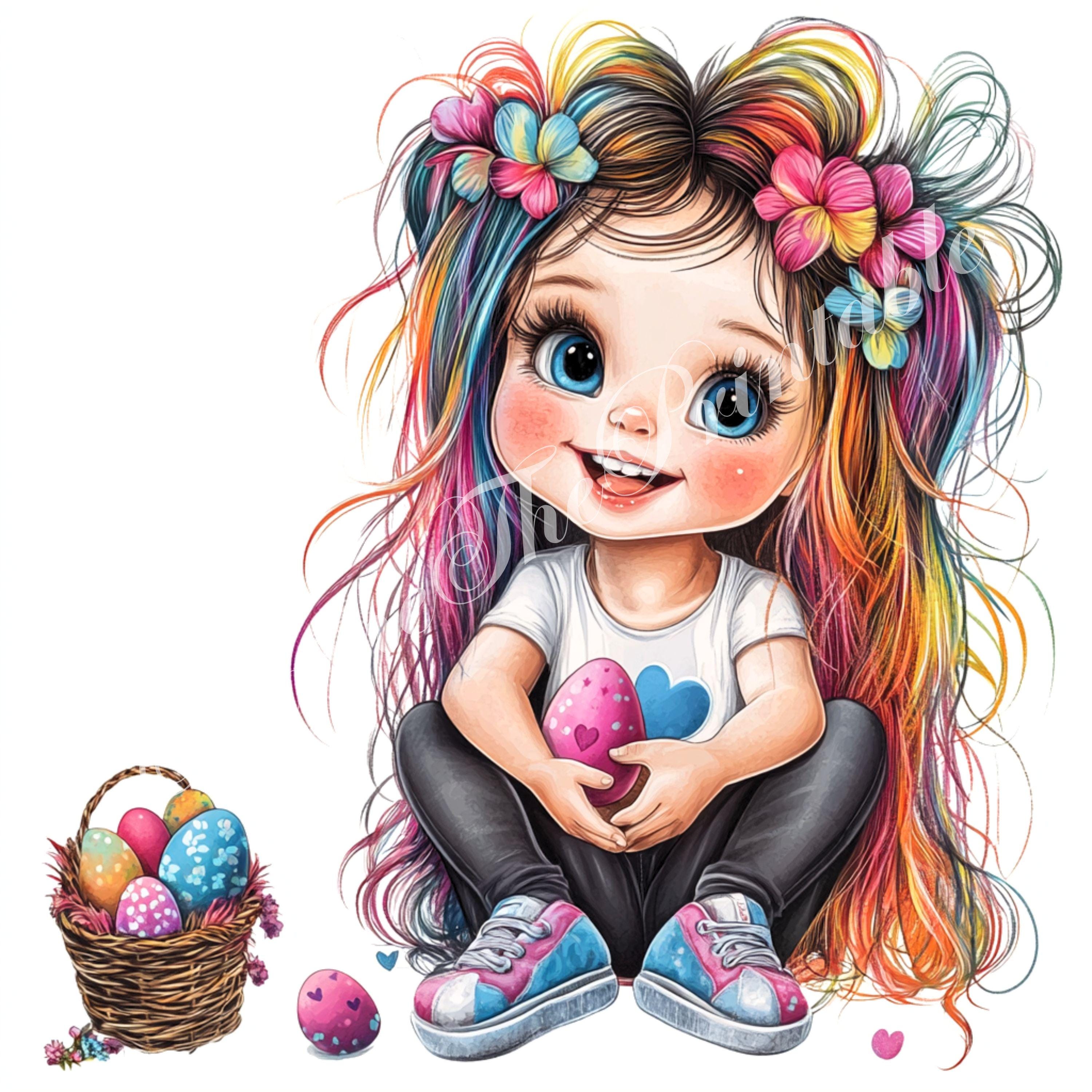 Easter Girl Clipart PNG, Cute Spring Illustration, Basket of Eggs, Girl ...