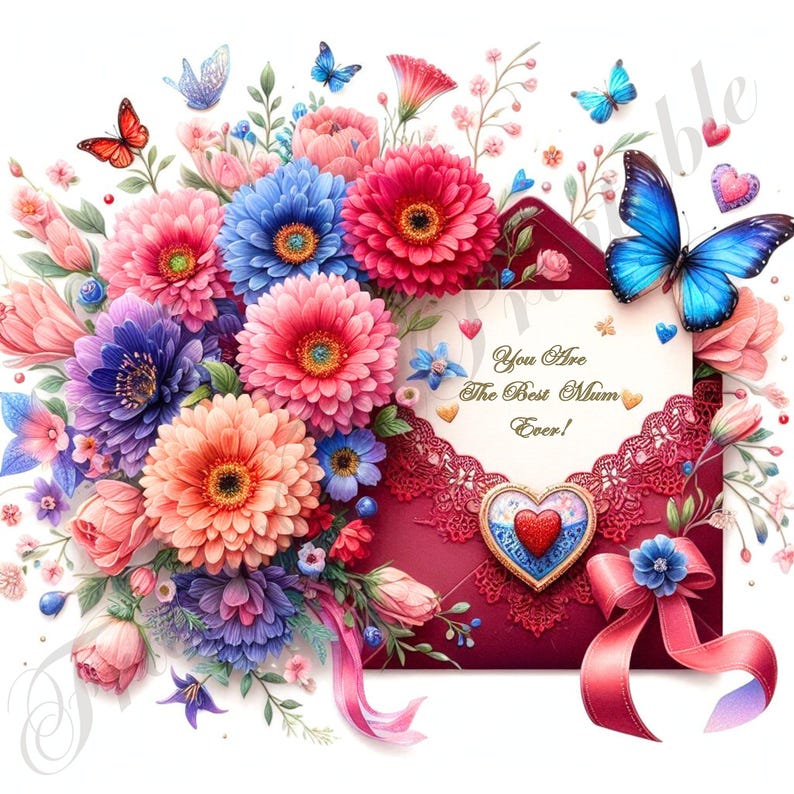 Mother's Day Flowers With Envelope Card Clipart, Gift for Best Mum Ever ...