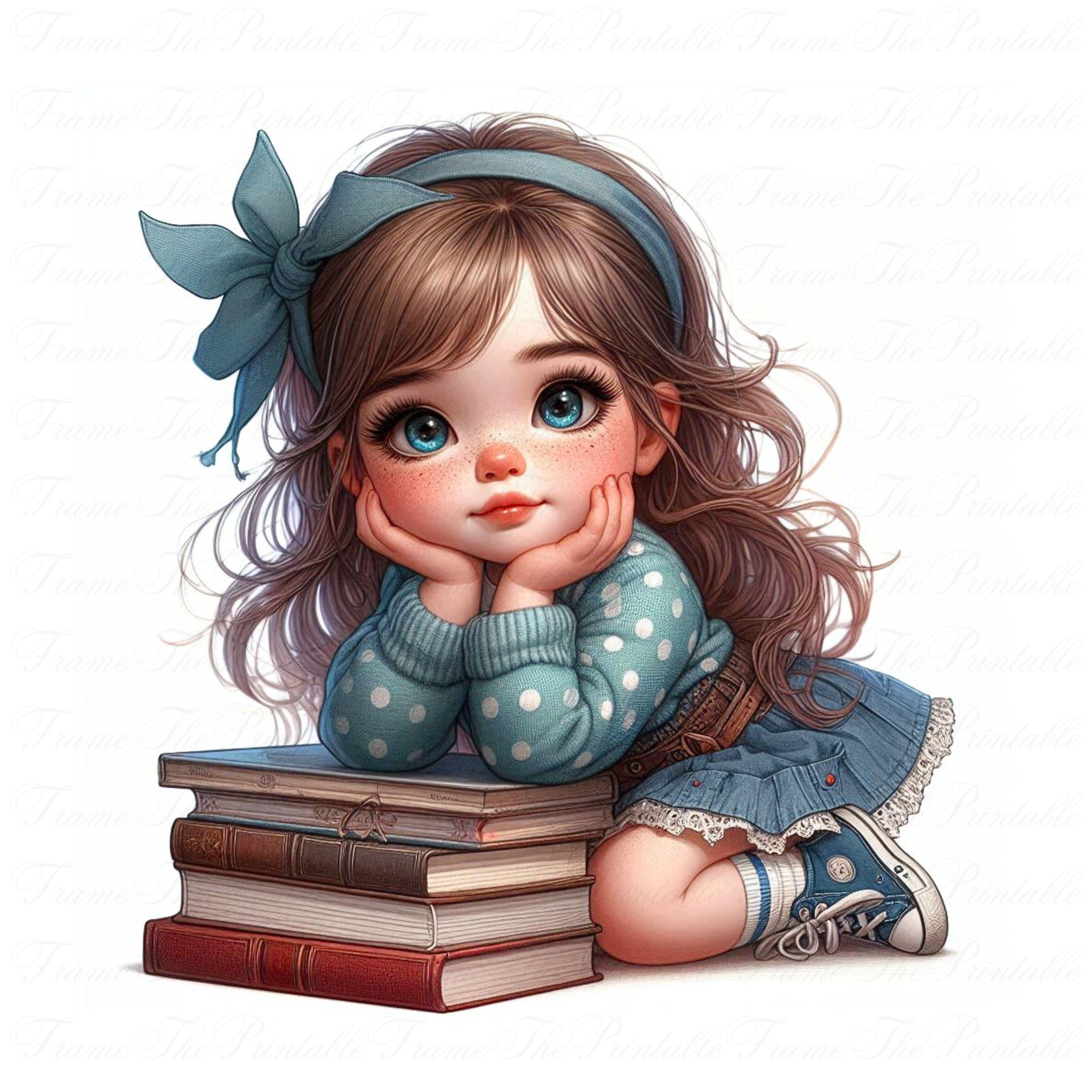 Cute Girl Reading Clipart, Book Lover PNG Bundle, School Girl ...