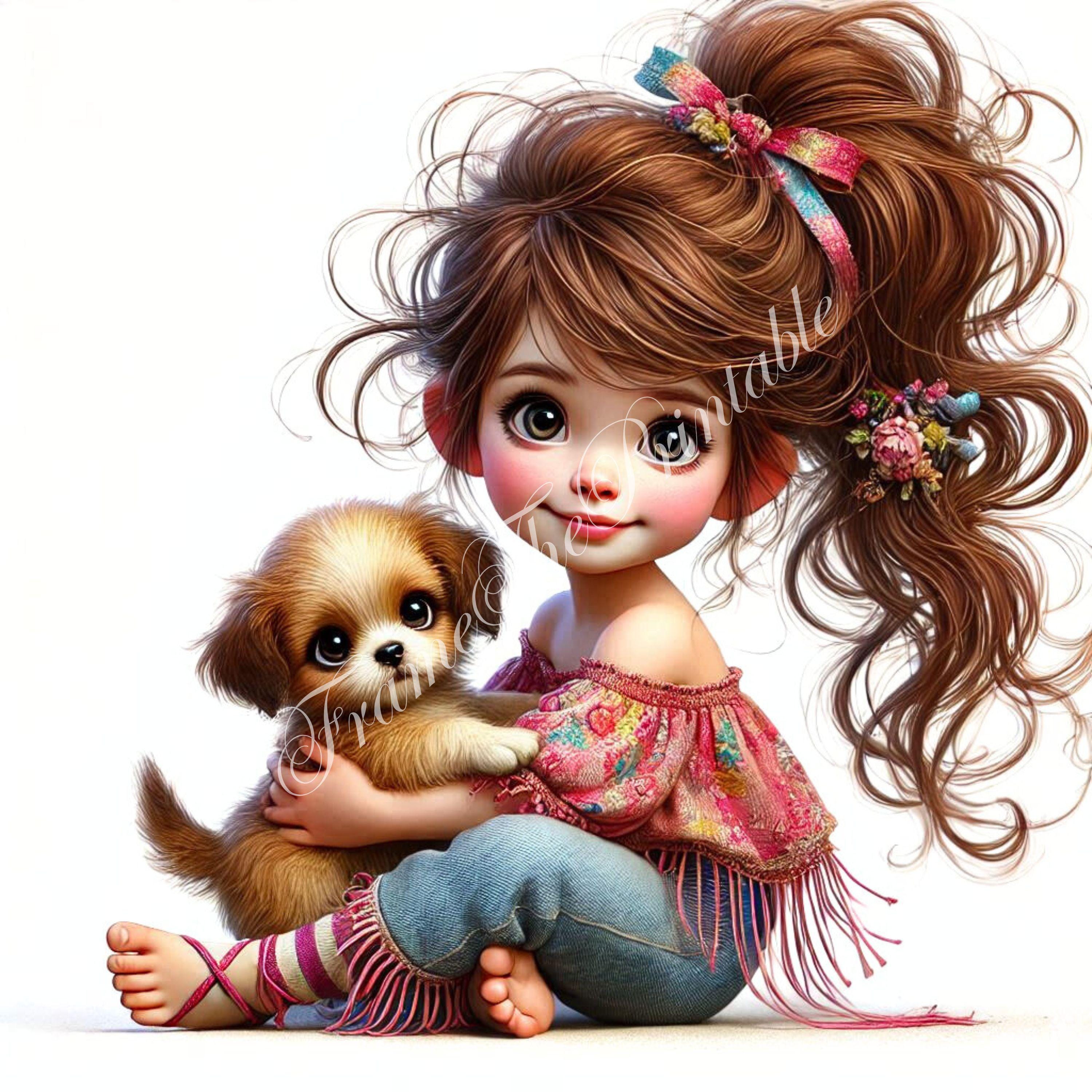 Girl With Puppy Clipart Whimsical Cute Girl With Dog Bundle Watercolour ...