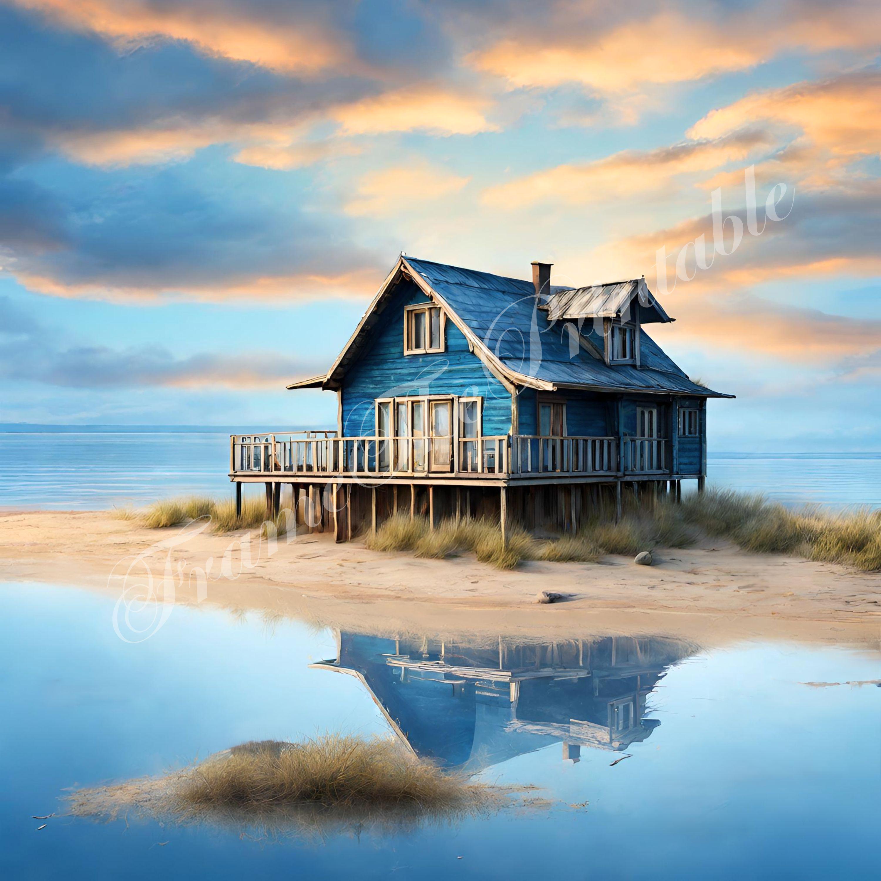 Seaside and Old Cottage Landscape Clipart, Ocean Beach Scene High ...
